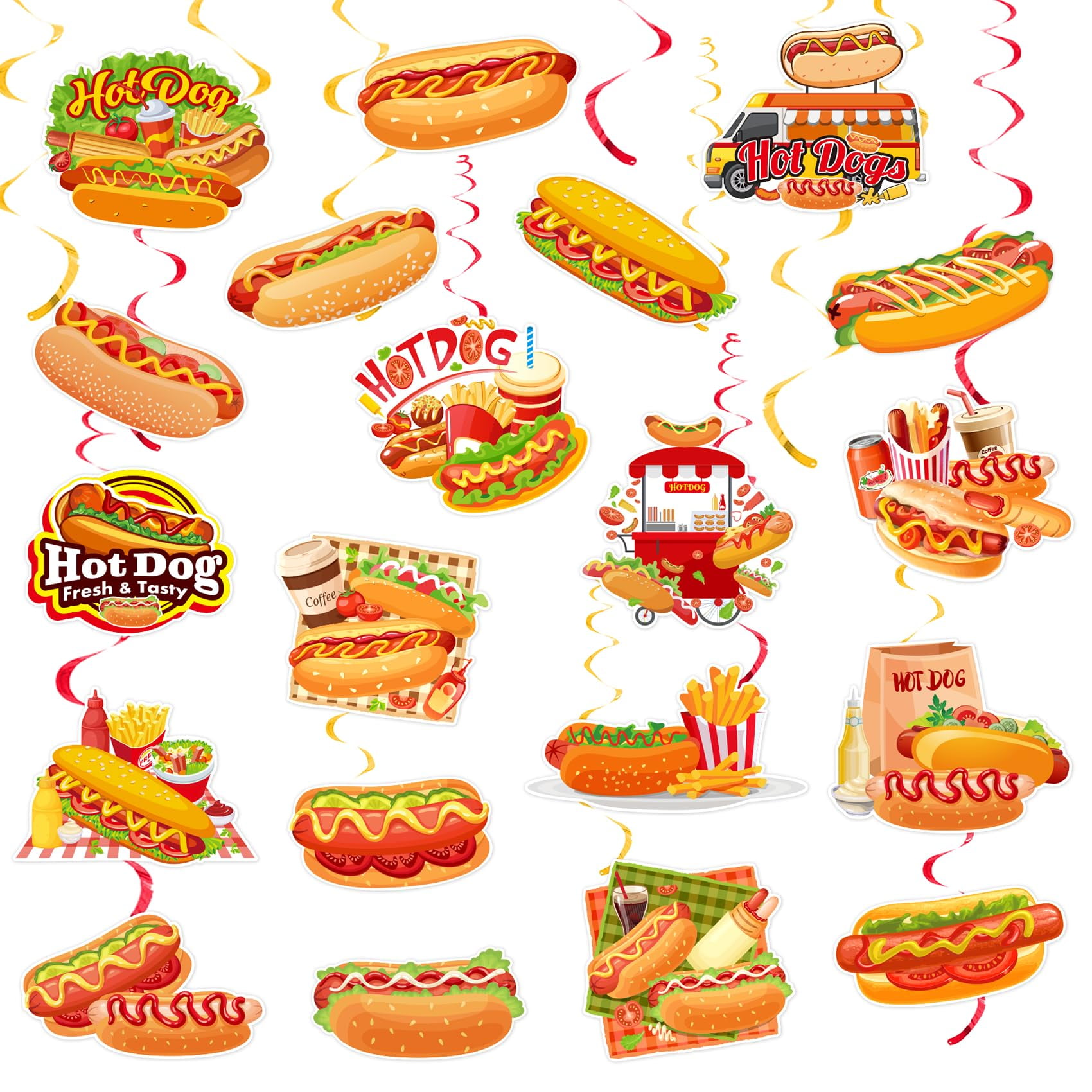 20 PCS Hot CORNET Dog Hanging Swirl Decorations Hot Dog Ceiling Streamers Hanging Decorations ...
