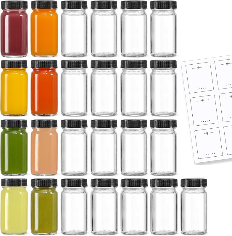 20 Pack 2 oz Glass Shot Bottles w/ Black Lids & 20 Labels - Small Clear ...