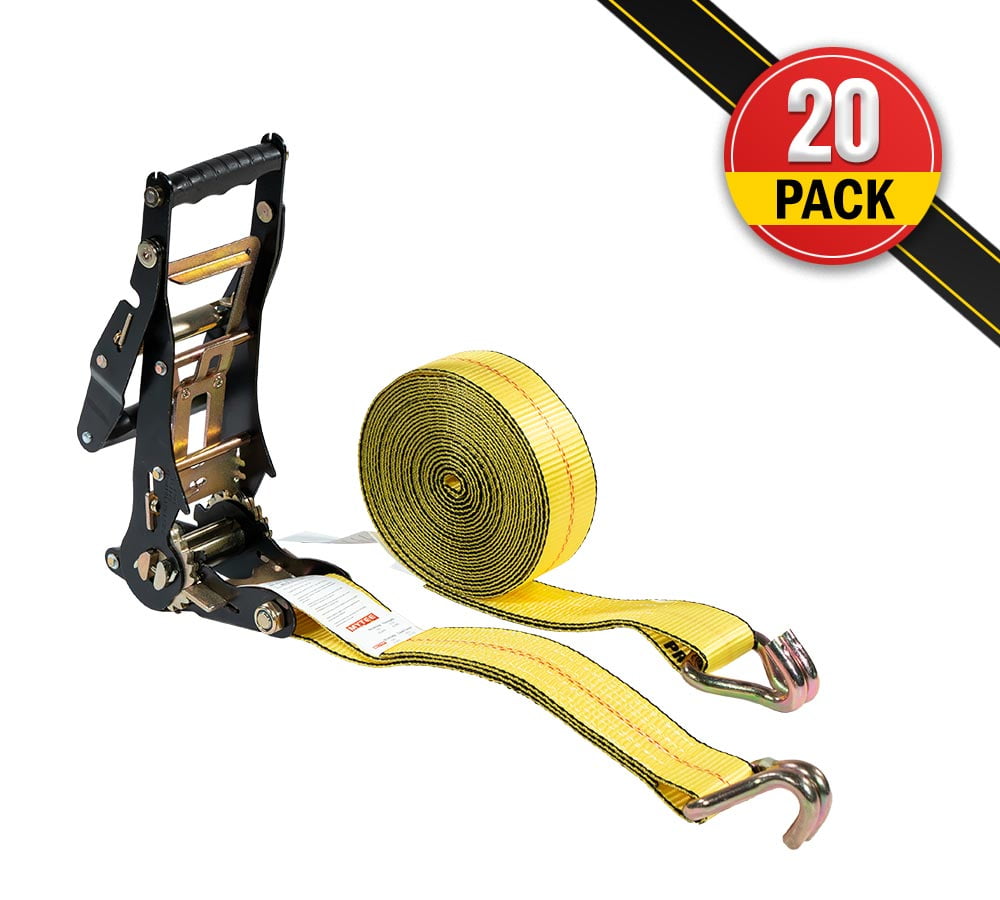 20 Pack 2"x27' Yellow Ratchet Strap with J Hooks - 10,000 Lbs Breaking ...
