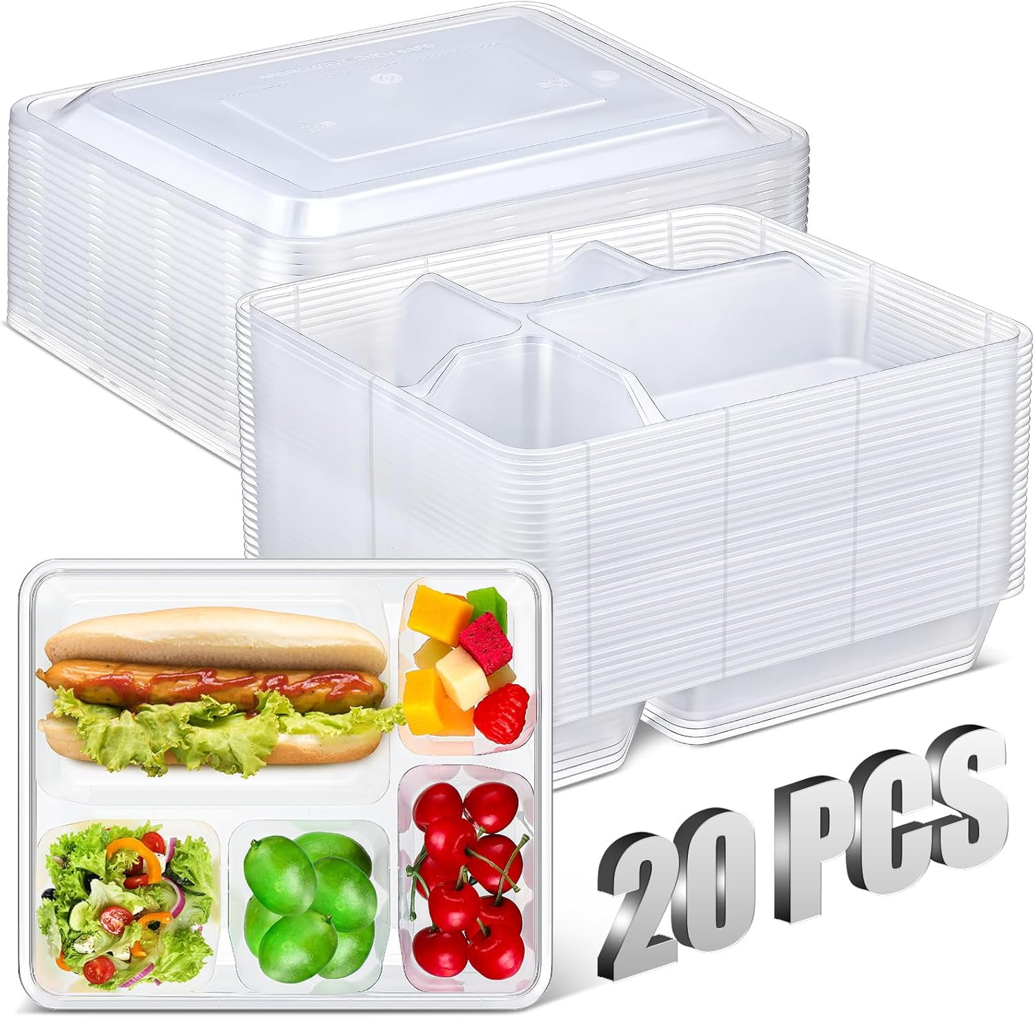 20 Pack 5 Compartments Bento Snack Box Lunch Box with Lids Food Storage ...