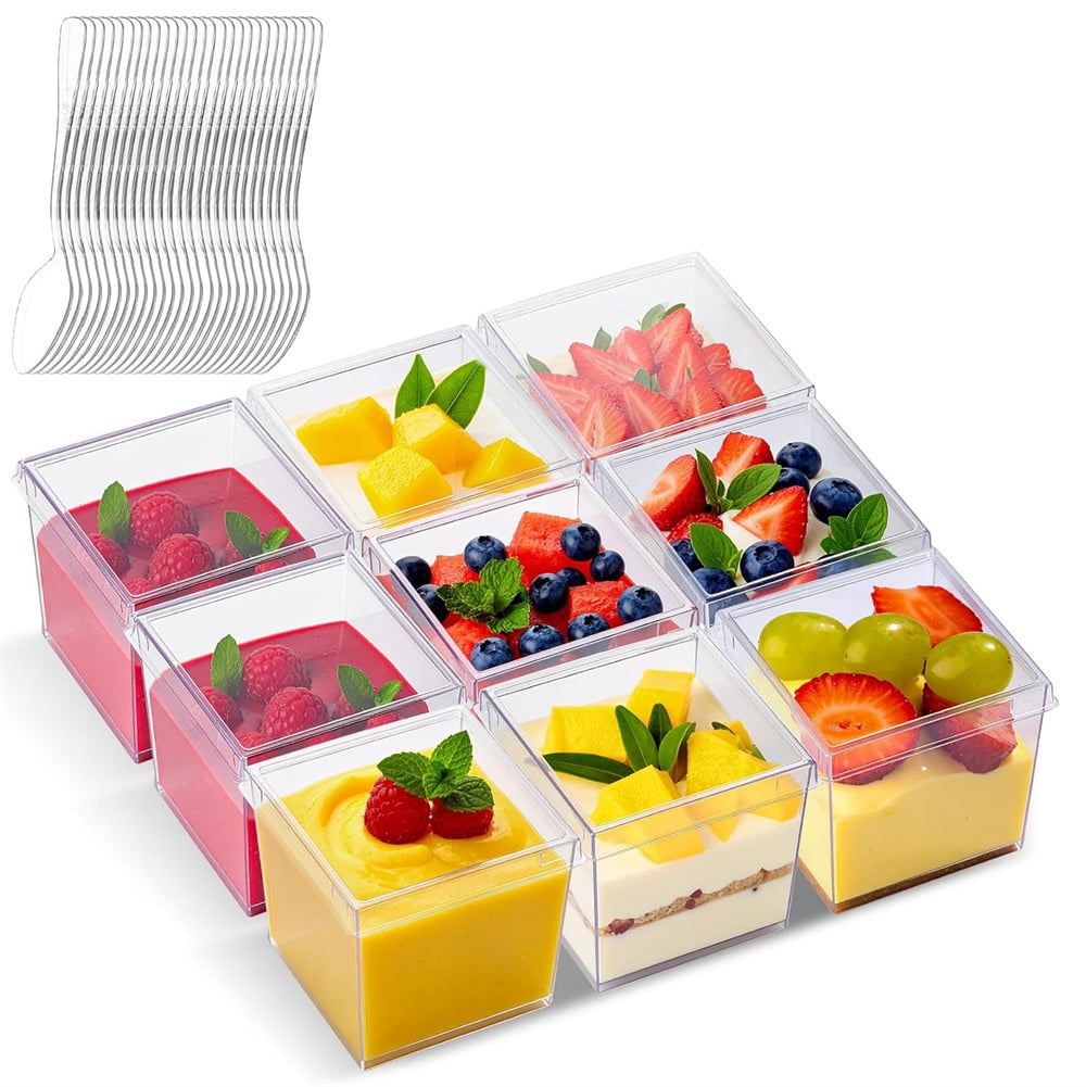 20 Pack 5 oz Mini Square Dessert Cups with Lids and Spoons, NOGIS Clear ...