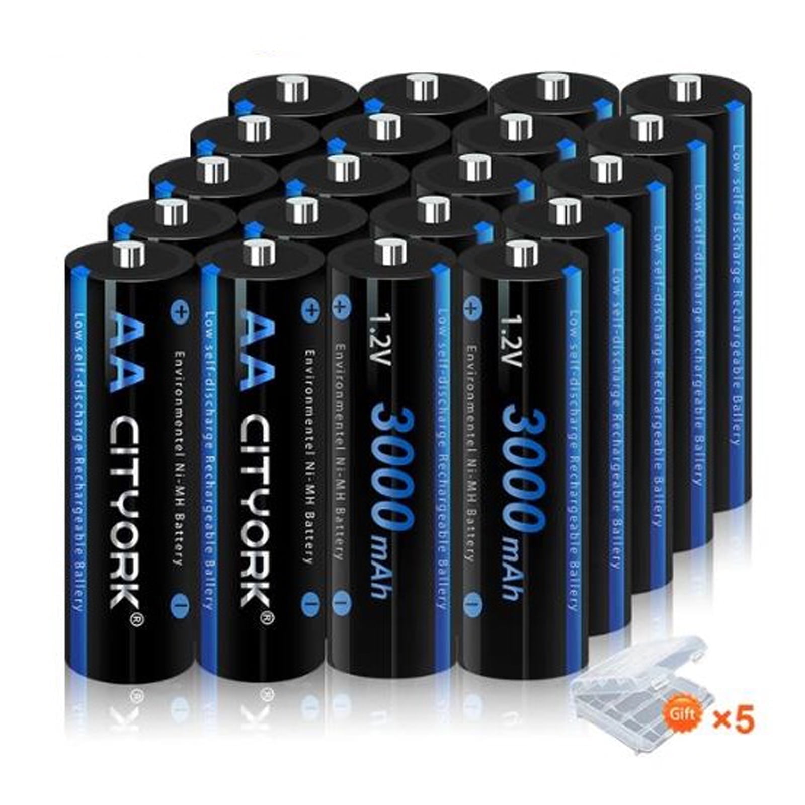 20 Pack AA Batteries 3000mAh 1.2V Ni-MH High Capacity AA Rechargeable Batteries with 5 Pack ...