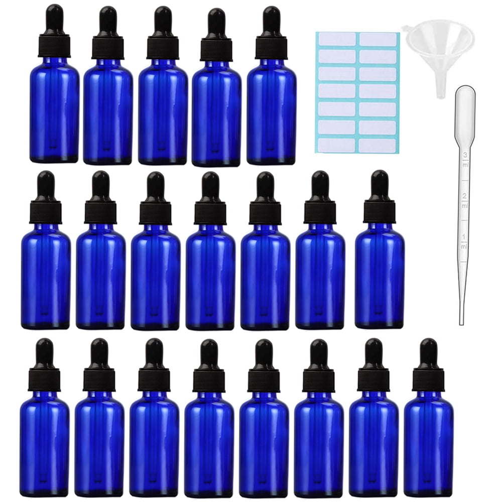 20 Pack Blue Glass Dropper Bottle with 1 Funnels & 1 Dropper & 14pcs ...