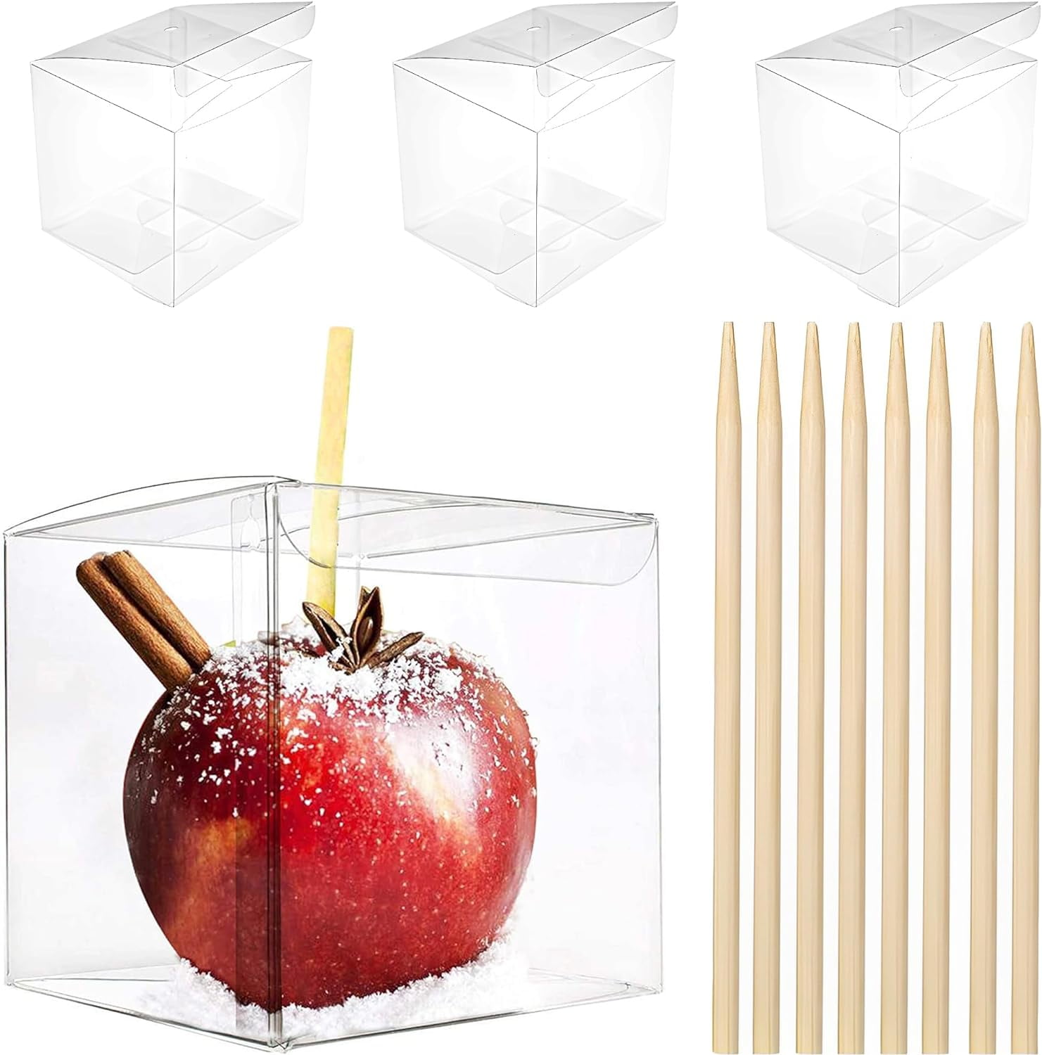 20 Pack Candy Apple Boxes with Sticks Set Plastic Clear Caramel Apple ...