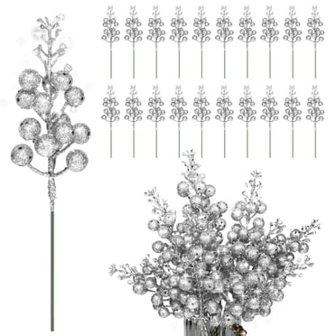 8 Pack Artificial Glitter Berry Stems 11.4 inch Christmas Glitter ...