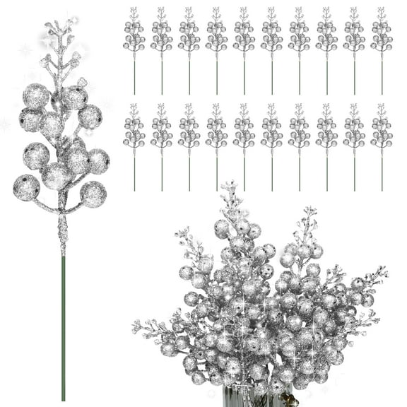 14 Pack Christmas Glitter Berries Stems, 7.8Inch Artificial Christmas ...