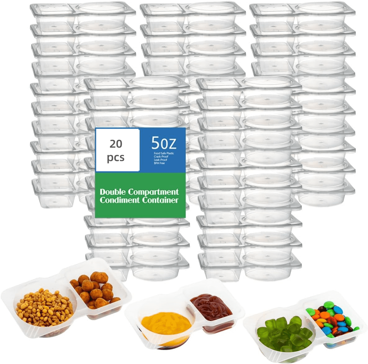 20 Pack Double Compartment Condiment Container with Lid, 5oz Disposable ...