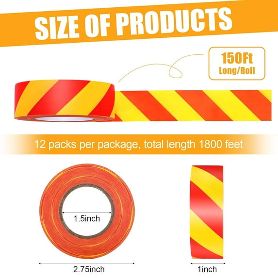 20 Pack Flagging Tape with Yellow Red Stripes 1 inch x 1800ft Non ...