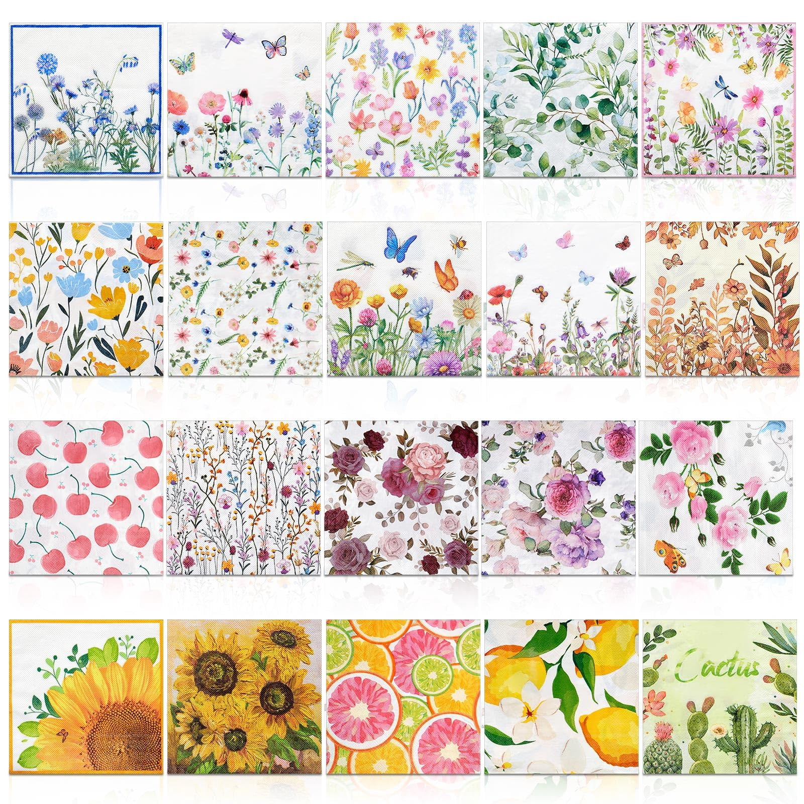 Crtiin 20 Pack Floral Decoupage Napkins, Decorative Flower Cocktail ...