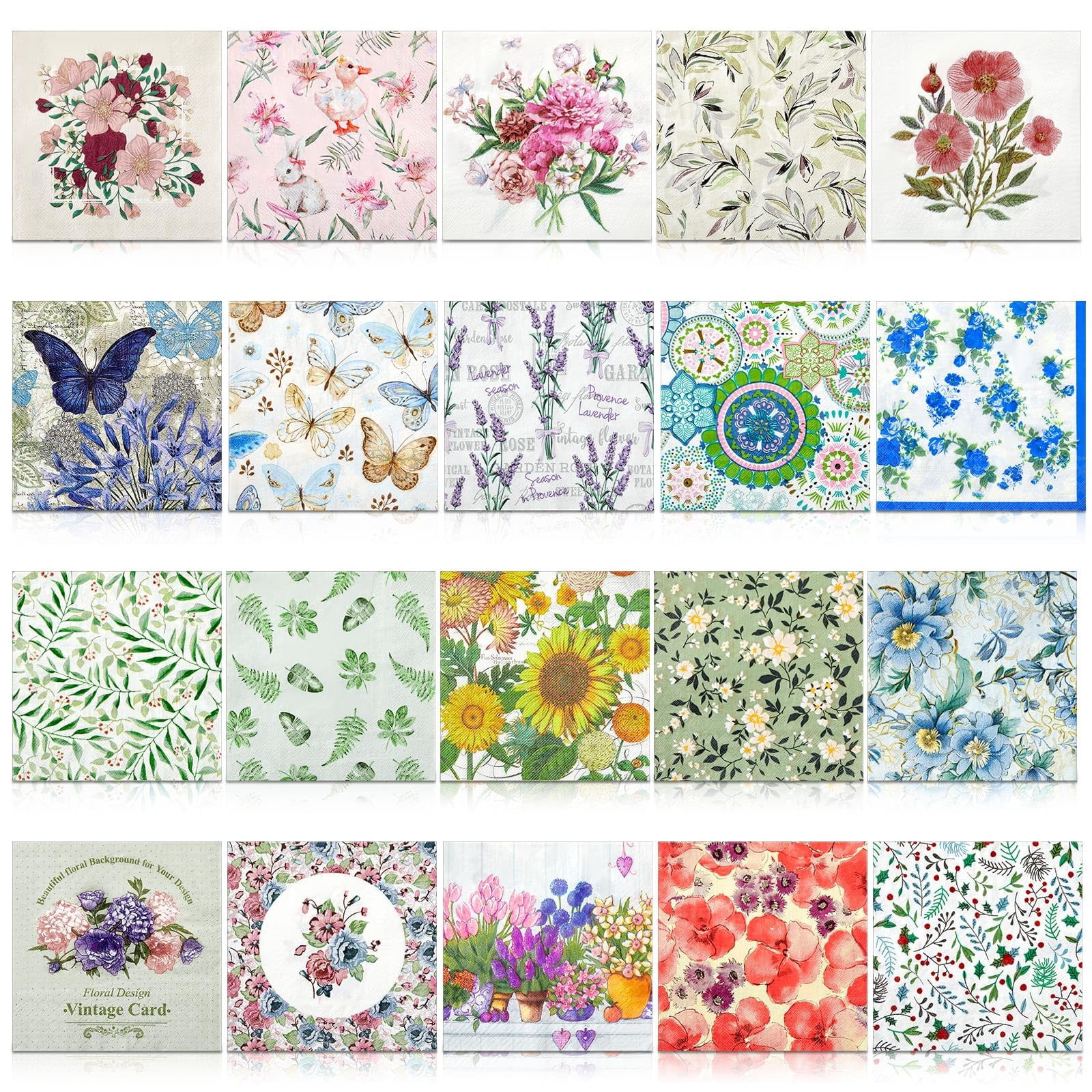 20‑Count Assorted Floral Decoupage Napkins, 20 Unique Designs 6.5 ...