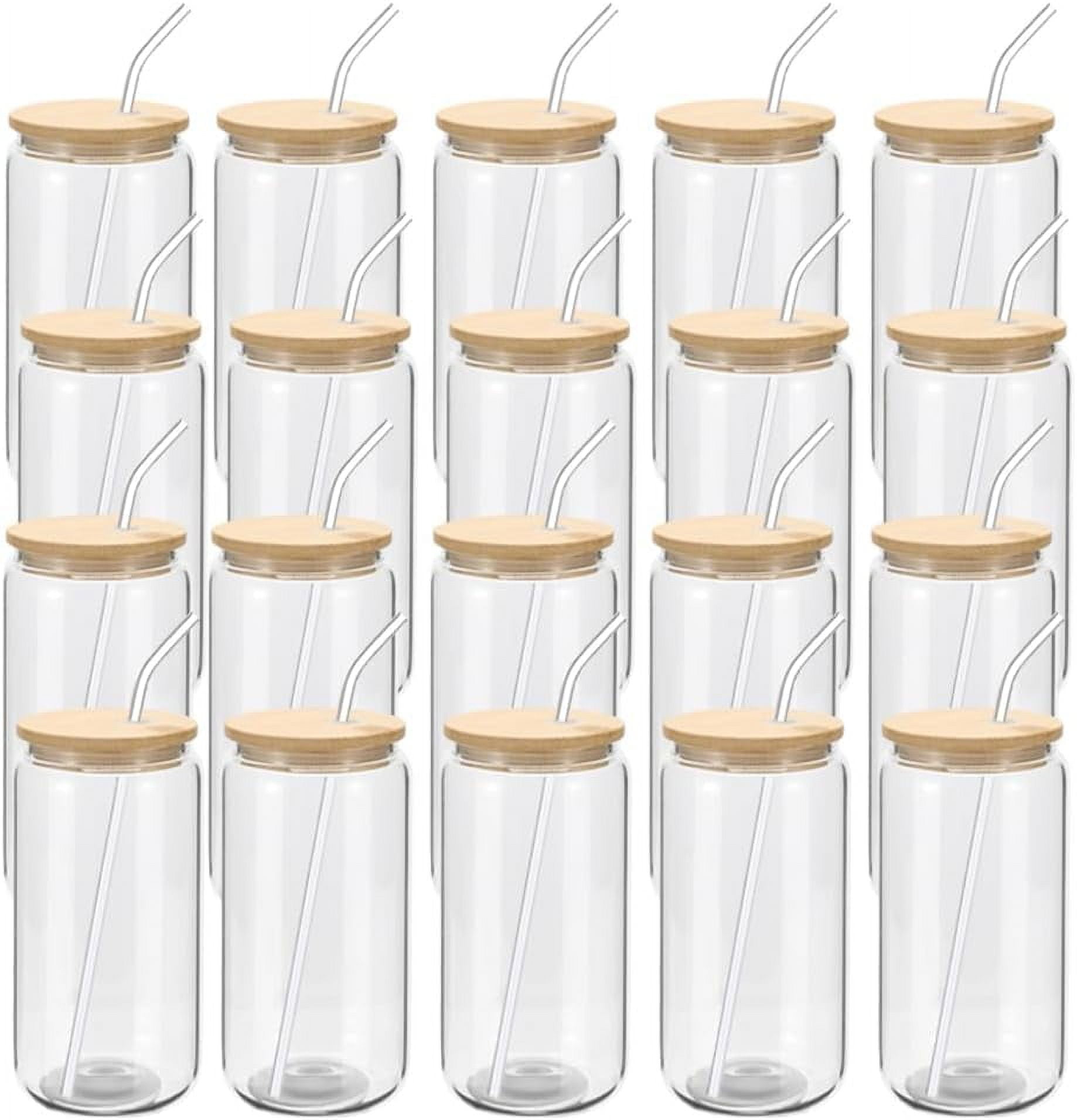20 Pack Glass Cups with Bamboo Lids and Glass Straw 16oz Beer Can ...