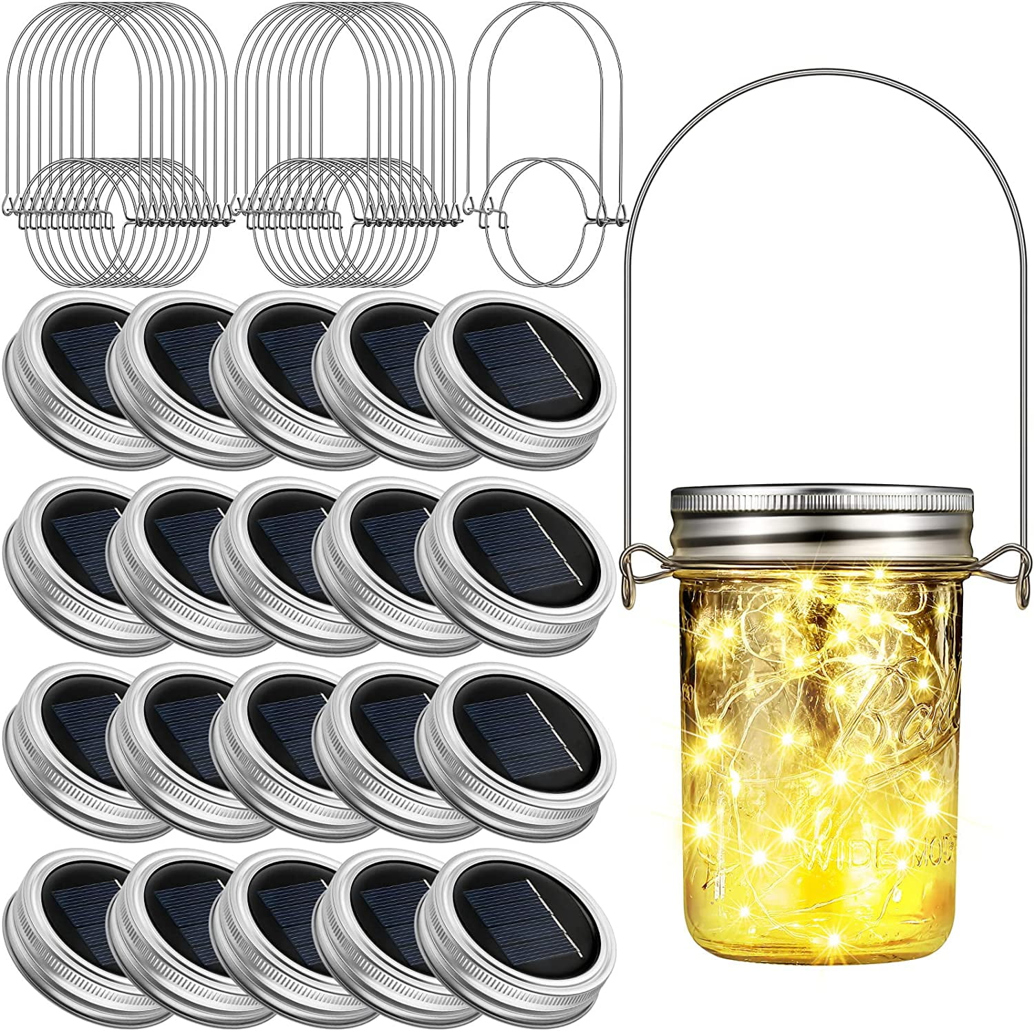 20 Pack Mason Jar Solar Lights Lids, 30 LED Outdoor Hanging Fairy ...