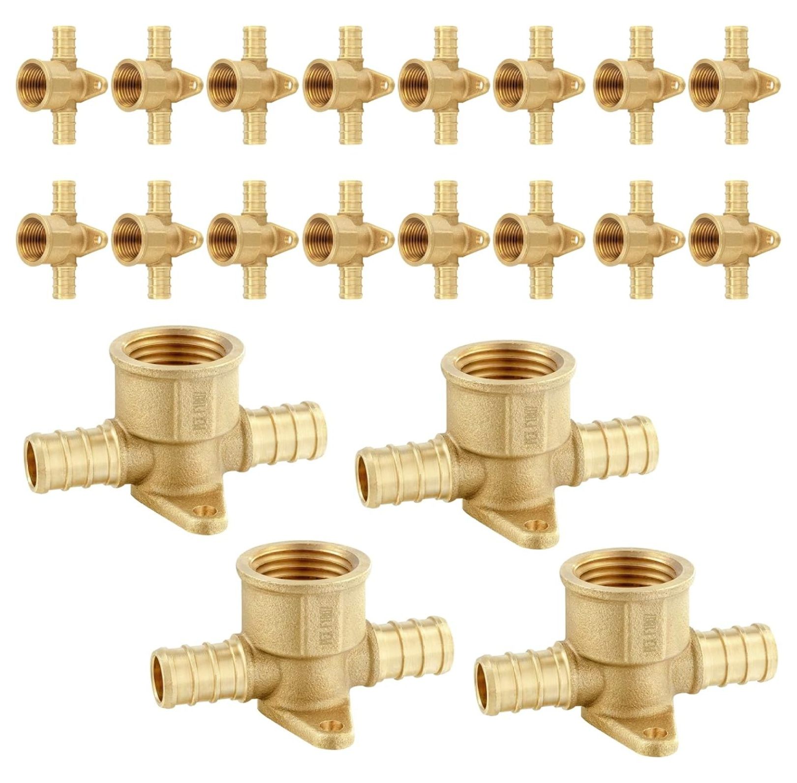 20-Pack PEX Fittings, 1/2" PEX x 1/2" PEX x 1/2" Female NPT Crimp Fitting, Brass Drop Ear Tee ...