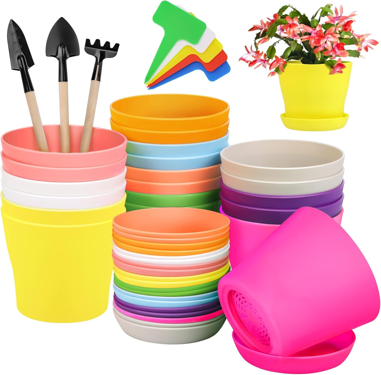 20 Pack Plastic Planters 4 Inch Plant Flower Pot with Trays, Seedlings ...