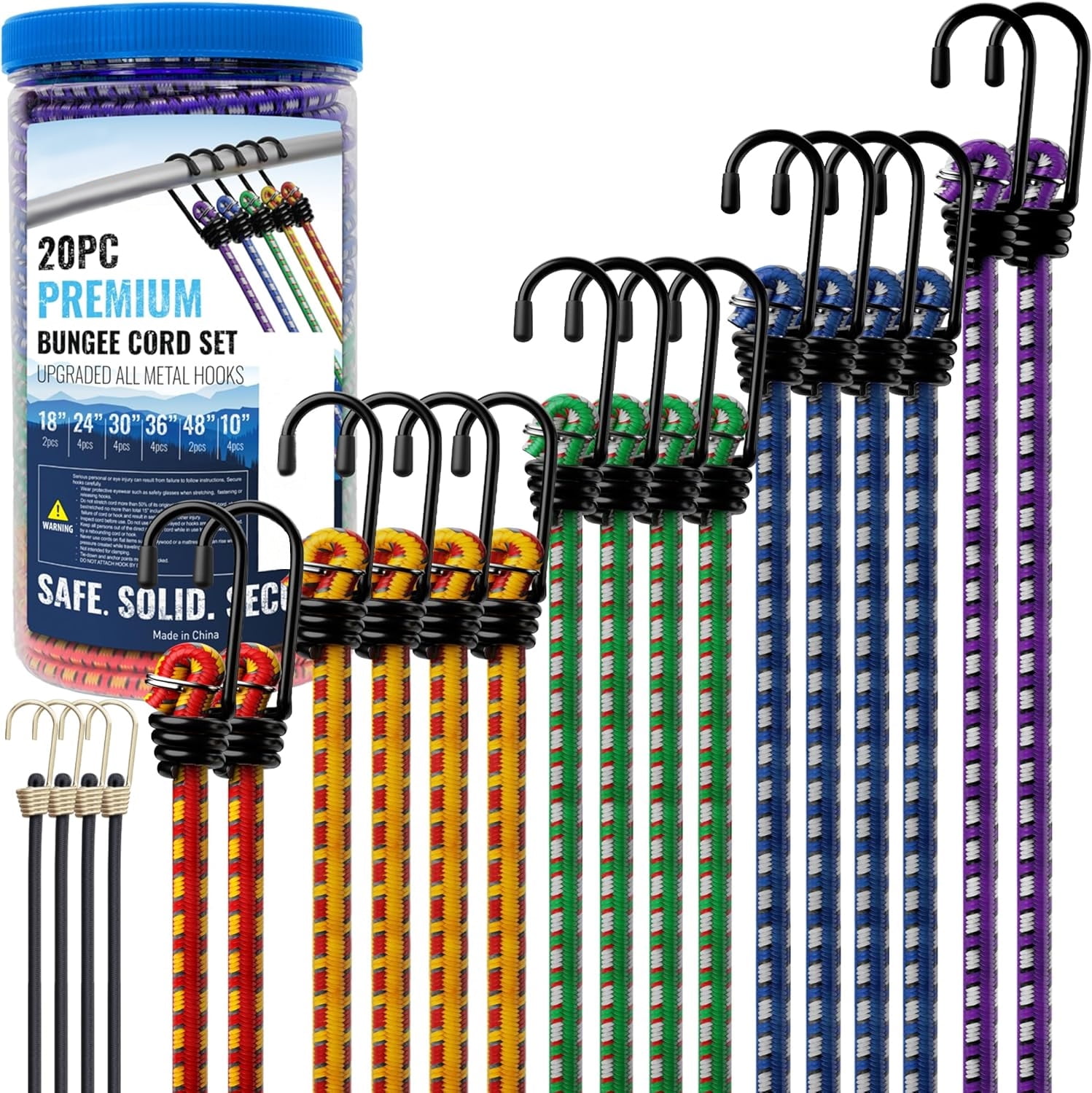20 Pack Premium Bungee Cords Heavy Duty - Bungee Cords with Hooks in A ...