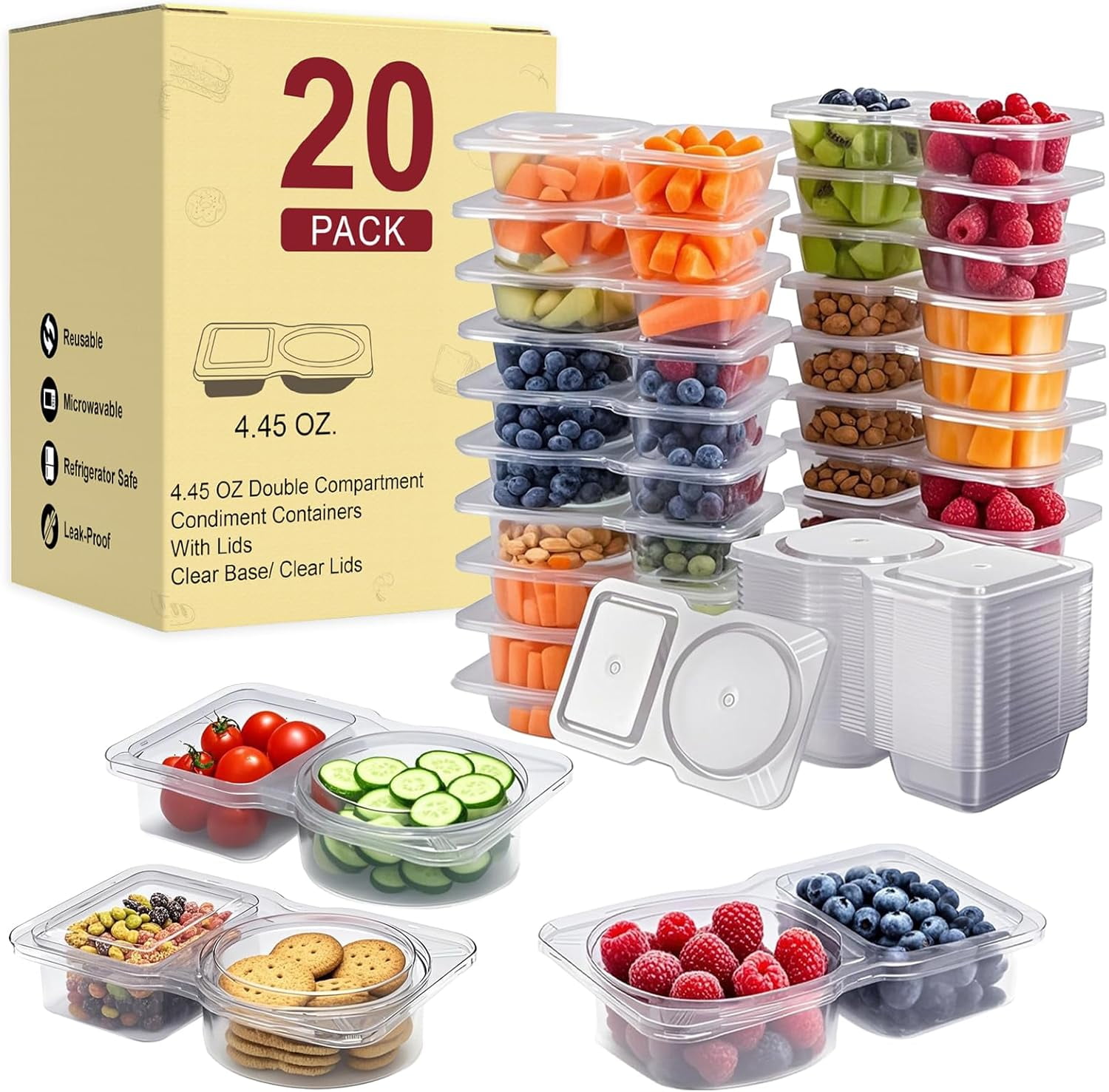 20 Pack Reusable Snack Containers with Lids, Double Compartment Snack ...