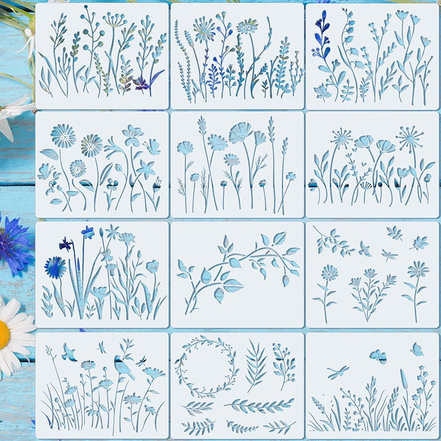 20 Pack Reusable Wildflower Stencils for Painting, DIY Floral Wall Art ...