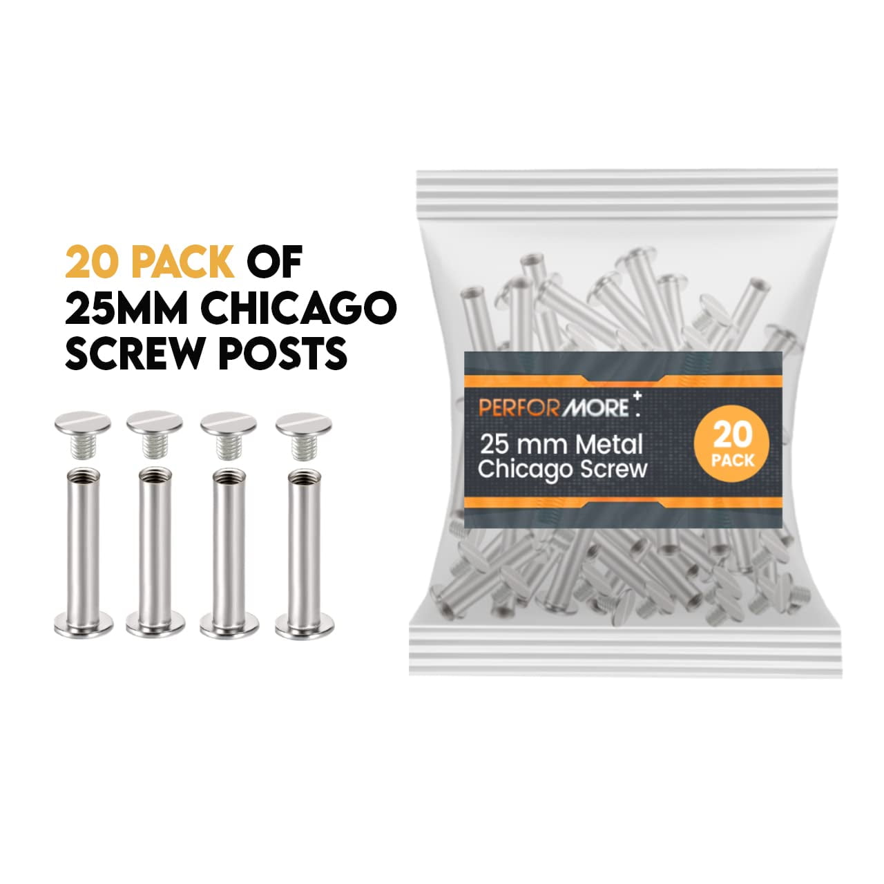 20 Pack of Silver Aluminum Screw Posts, 25mm Metal Chicago Screw Post ...