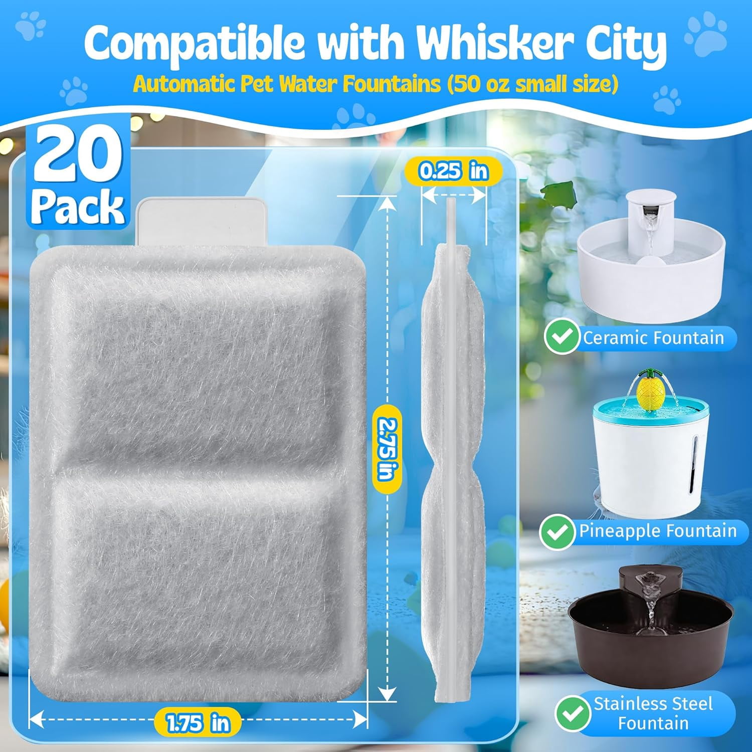 20 Pack Small Cat Water Fountain Filters Compatible with City Pineapple ...