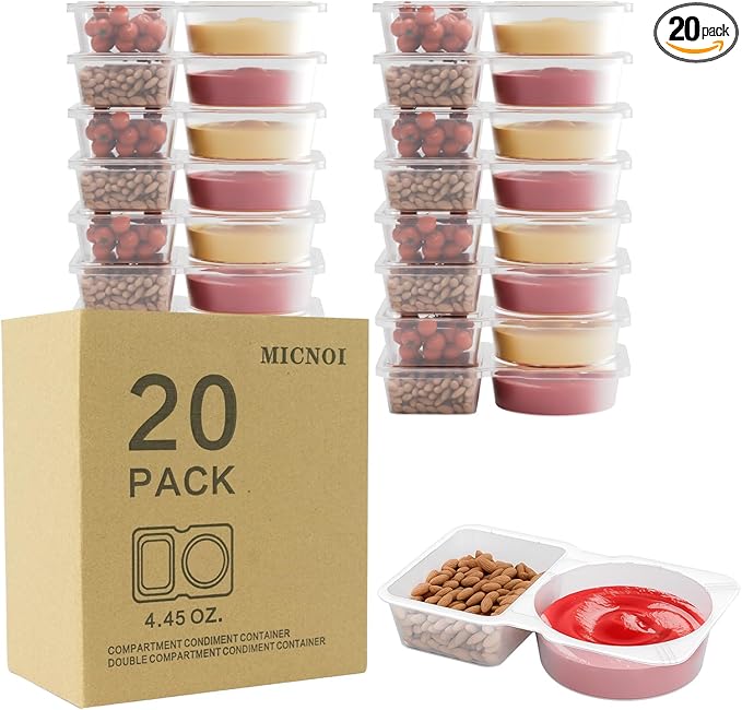 20 Pack Snack Containers, Reusable 2 Compartment Condiment Containers ...