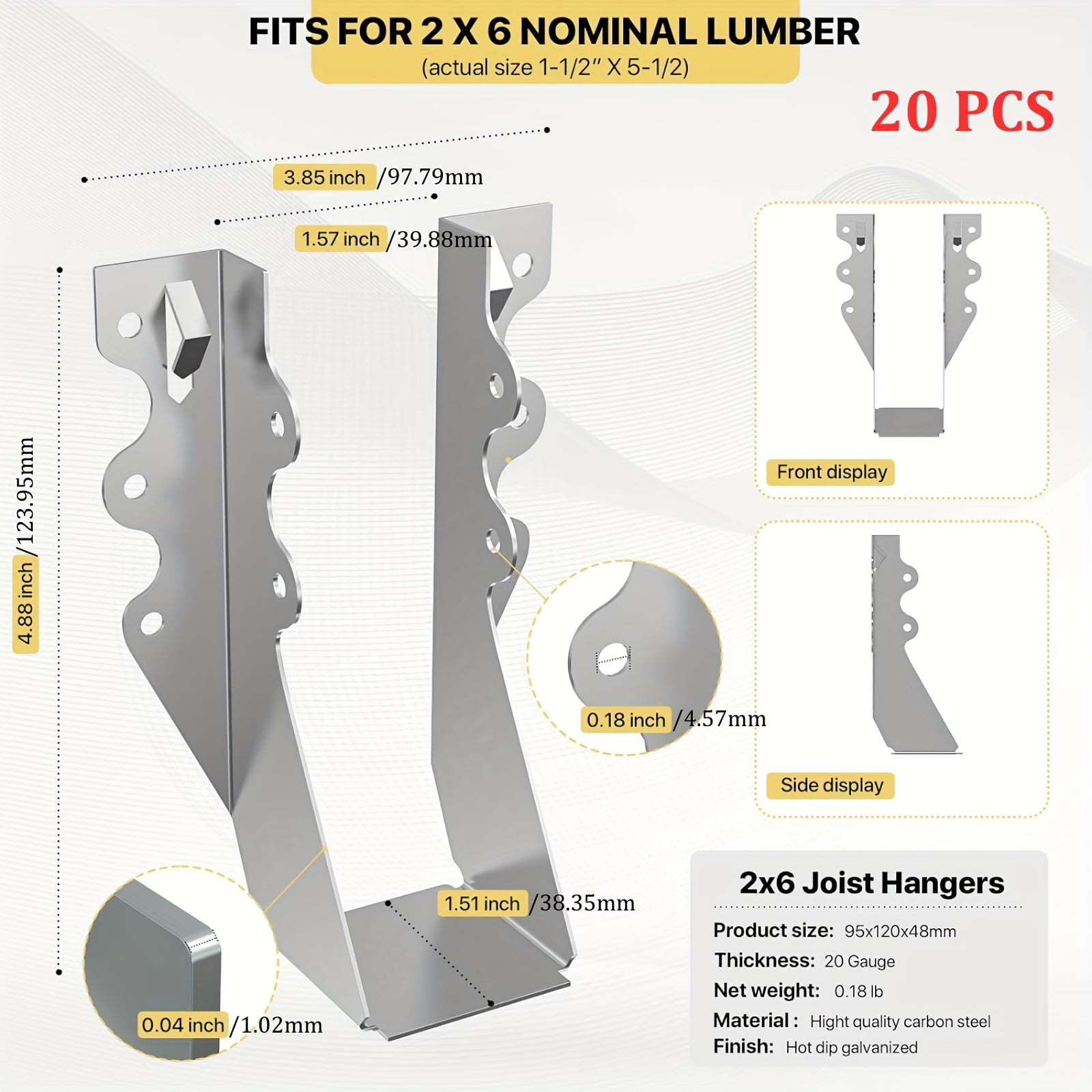 20-Pack Steel Joist Hangers 2x4 2x6 2x10, Face Mount Hanger Brackets ...