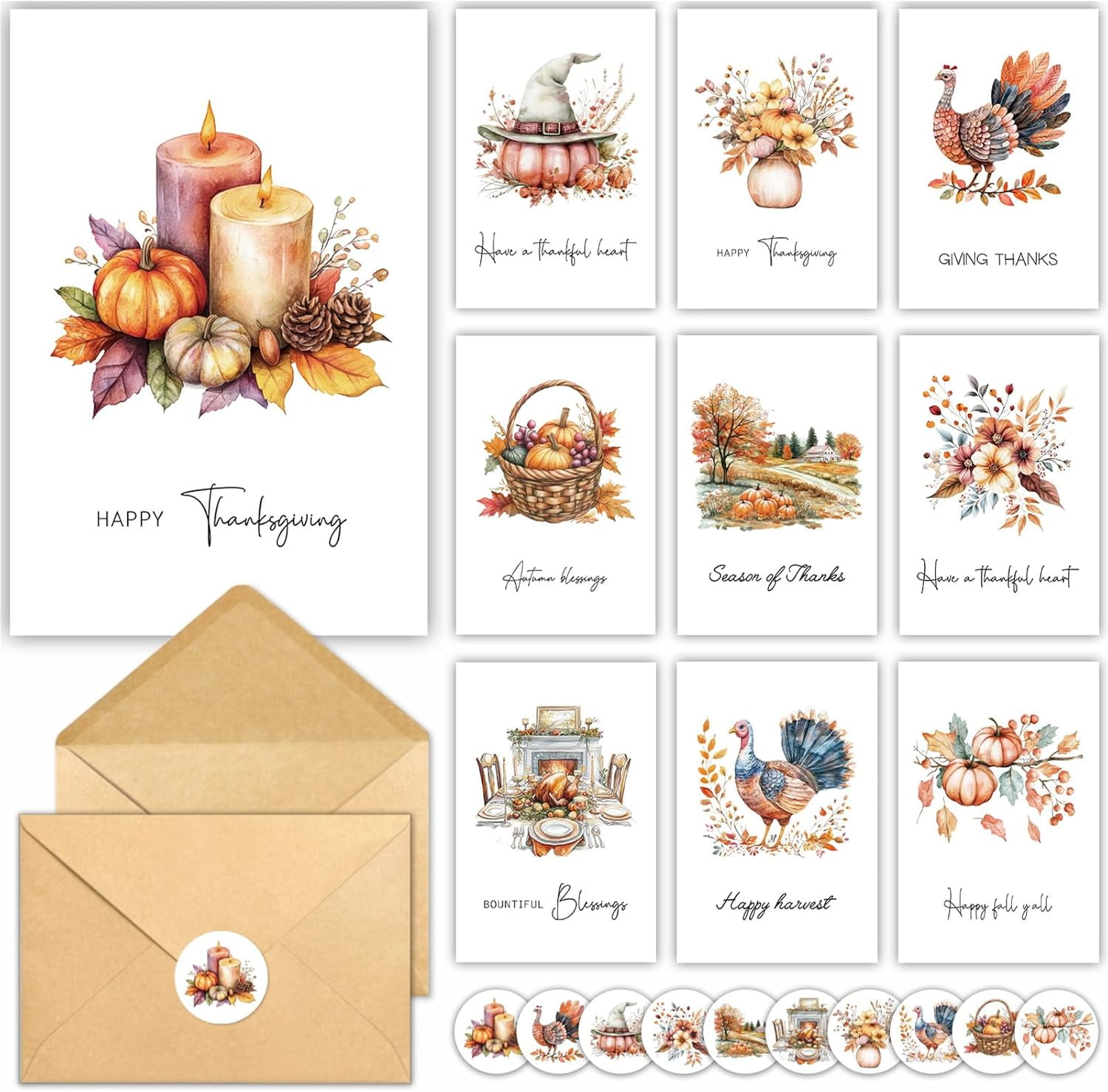 20 Pack Thanksgiving Cards with Envelopes, 10 Design 4X6In Autumnal ...