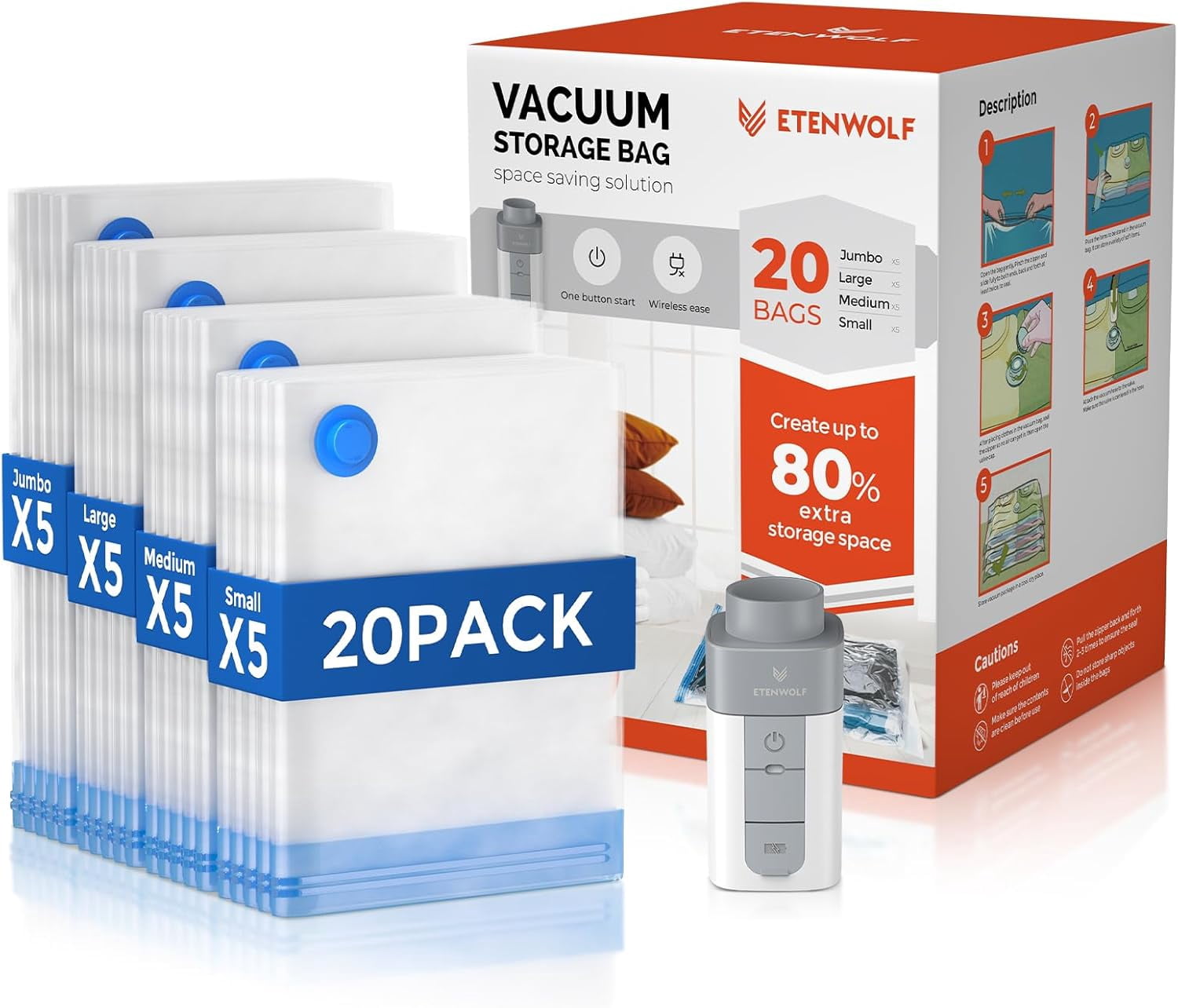 20 Pack Vacuum Storage Bags with Rechargeable Wireless Pump, Vacuum ...