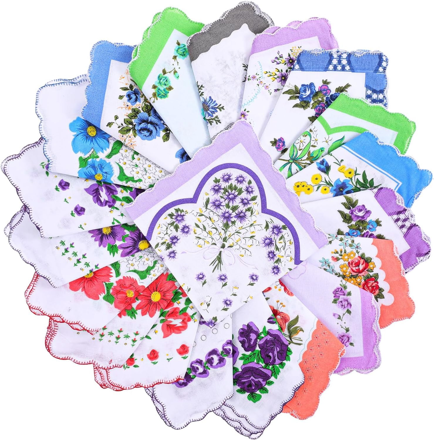 20 Pack Vintage Floral Print Cotton Handkerchiefs Bulk, Soft Cotton ...