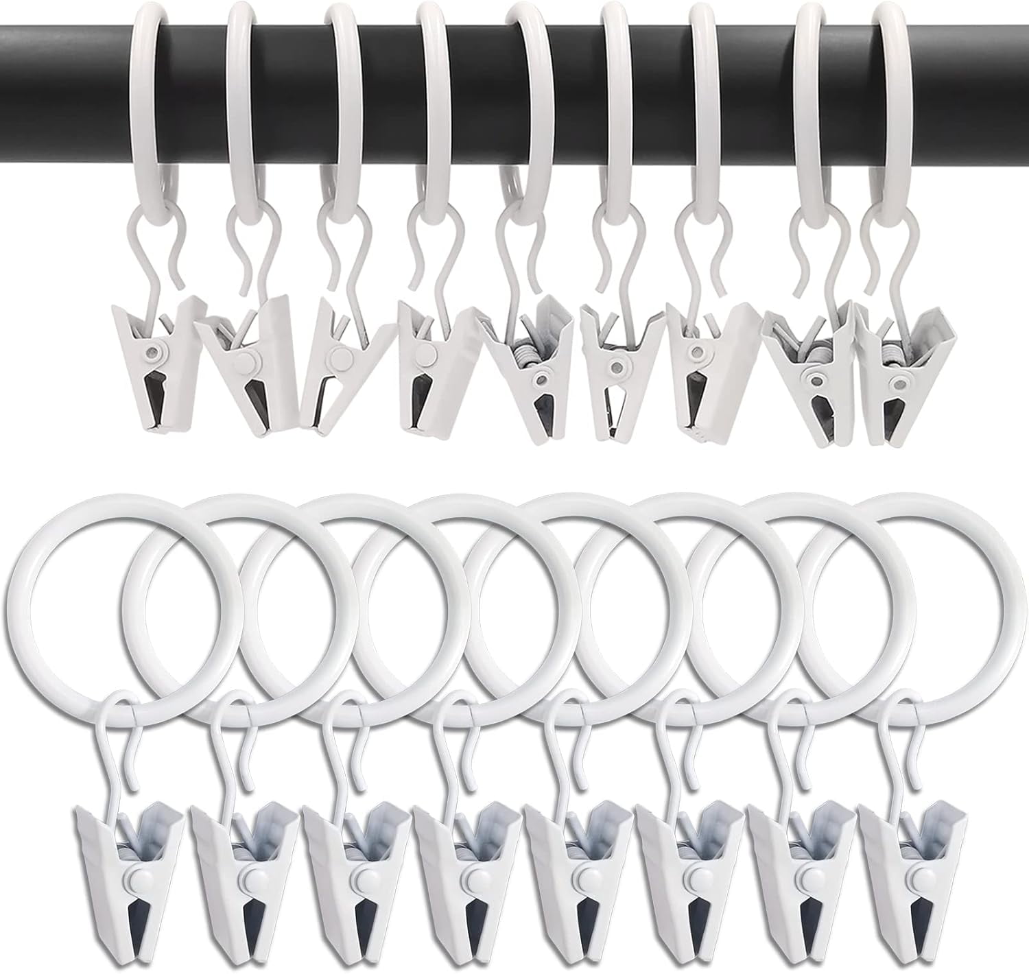 20 Pack White Curtain Rings with Clips, Curtain Hooks Hangers Clip ...