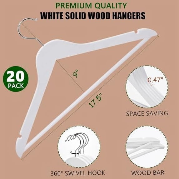 20 Pack Wooden Hangers with Non Slip Pant Bar - White Wood Coat Hangers ...