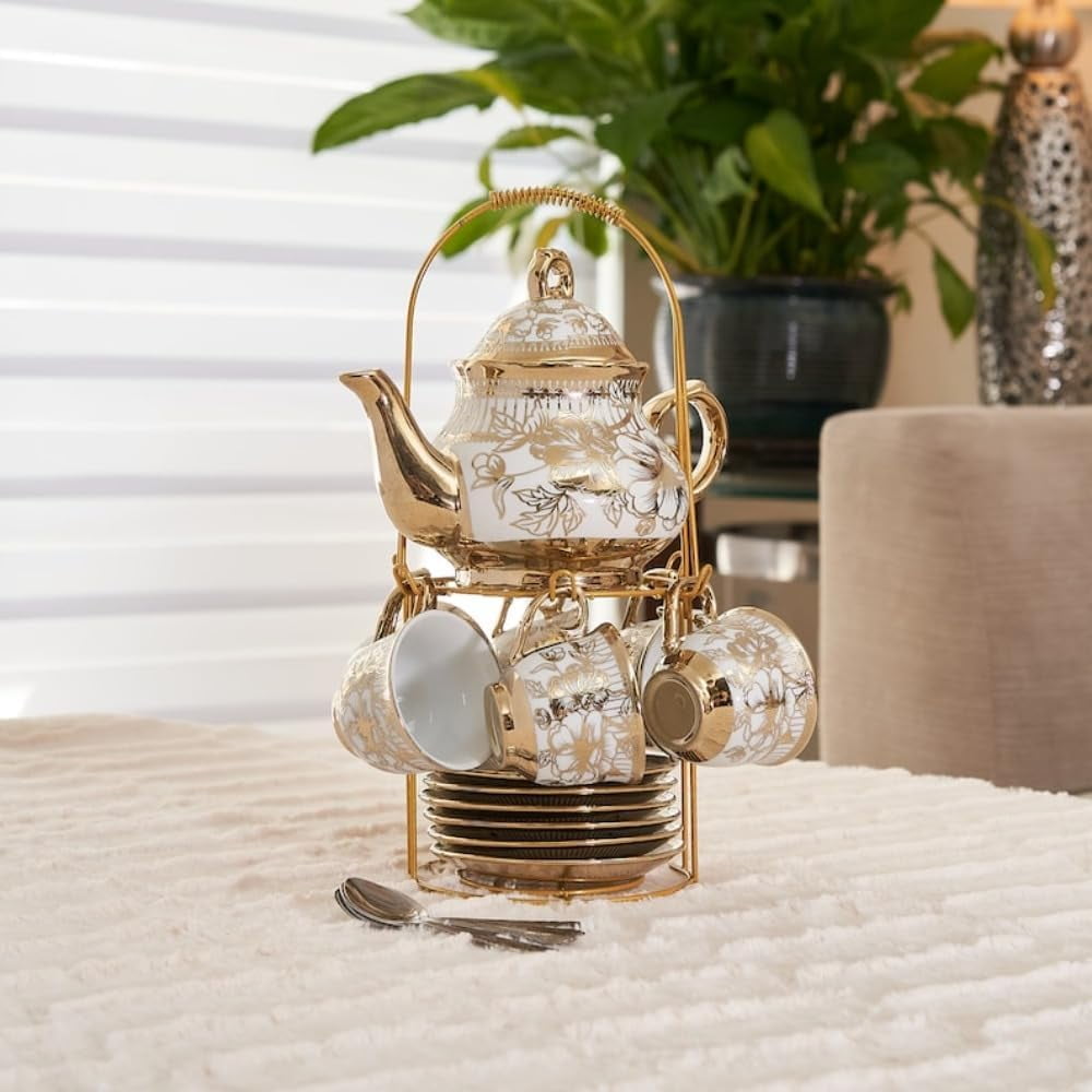 20 Pc Gold Tea Set, Ceramics Tea Set, 3 Oz Cups, Tea Pot, 6 Cups 6 ...