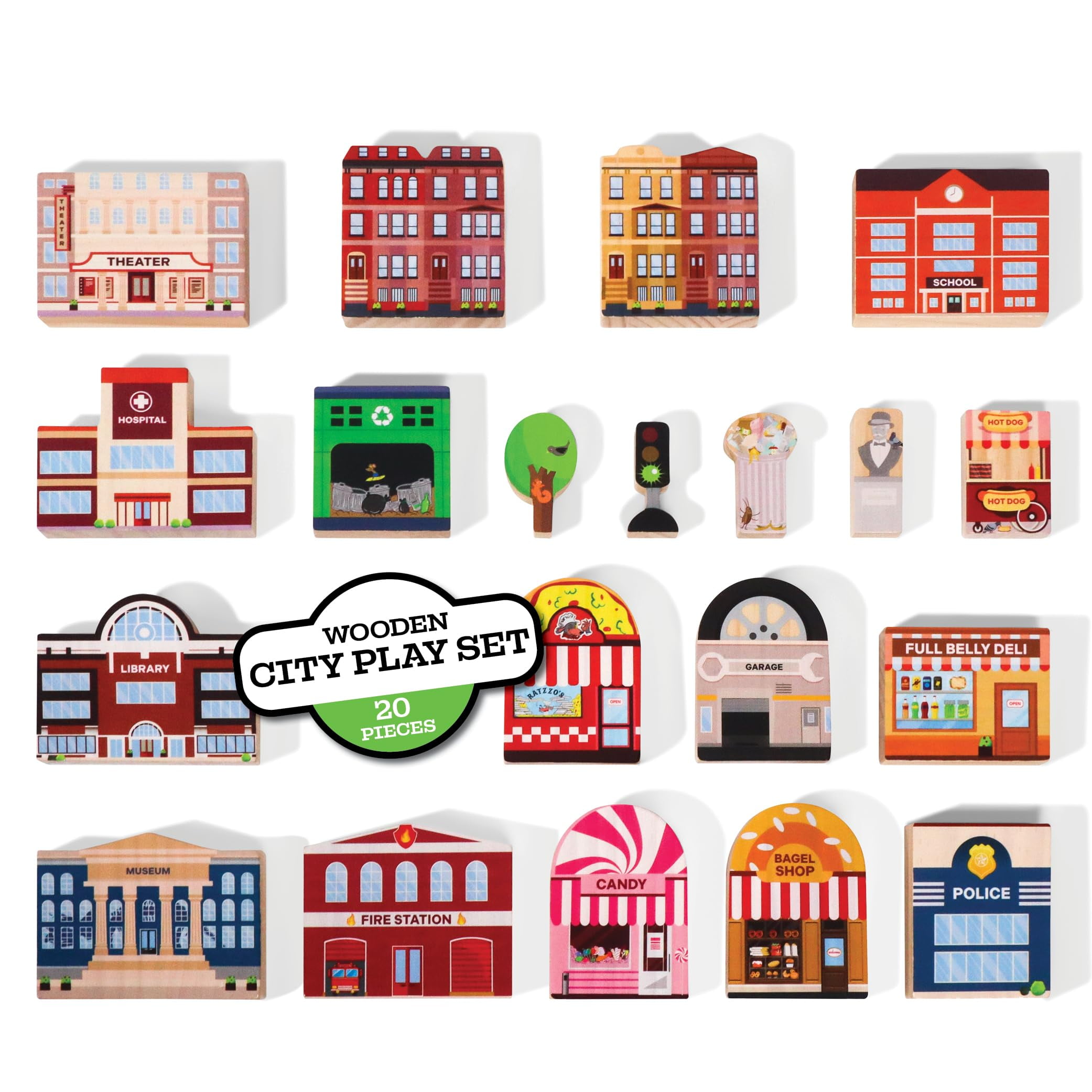 20 Pc Wooden City Play Set - Wooden Town Buildings And Street Signs For ...