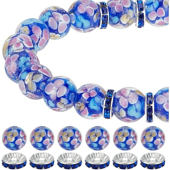 20 Pcs 12mm Midnight Blue Lampwork Flower Glass Beads with 20 Pcs Pave ...