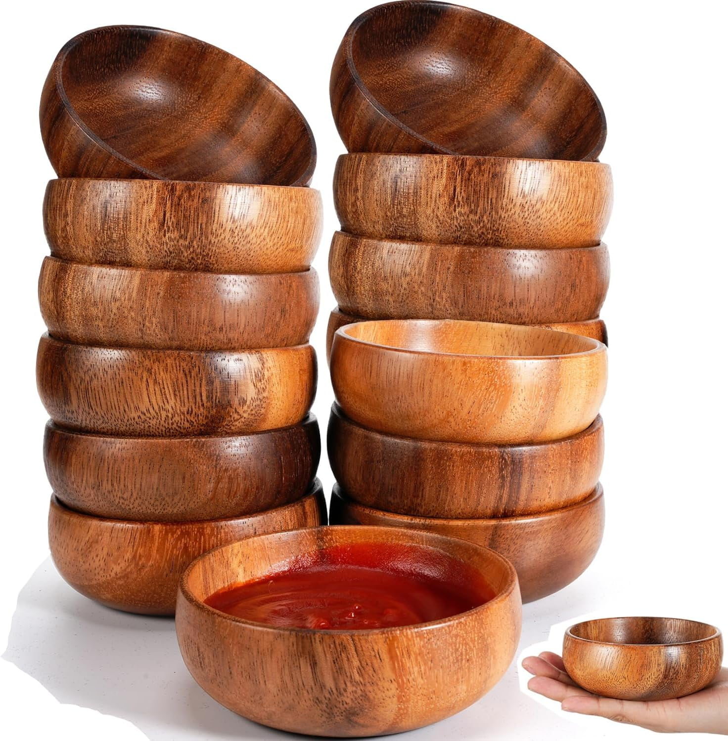 20 Pcs Acacia Wooden Bowls Small Calabash Bowls Round Wood Salad Bowl ...