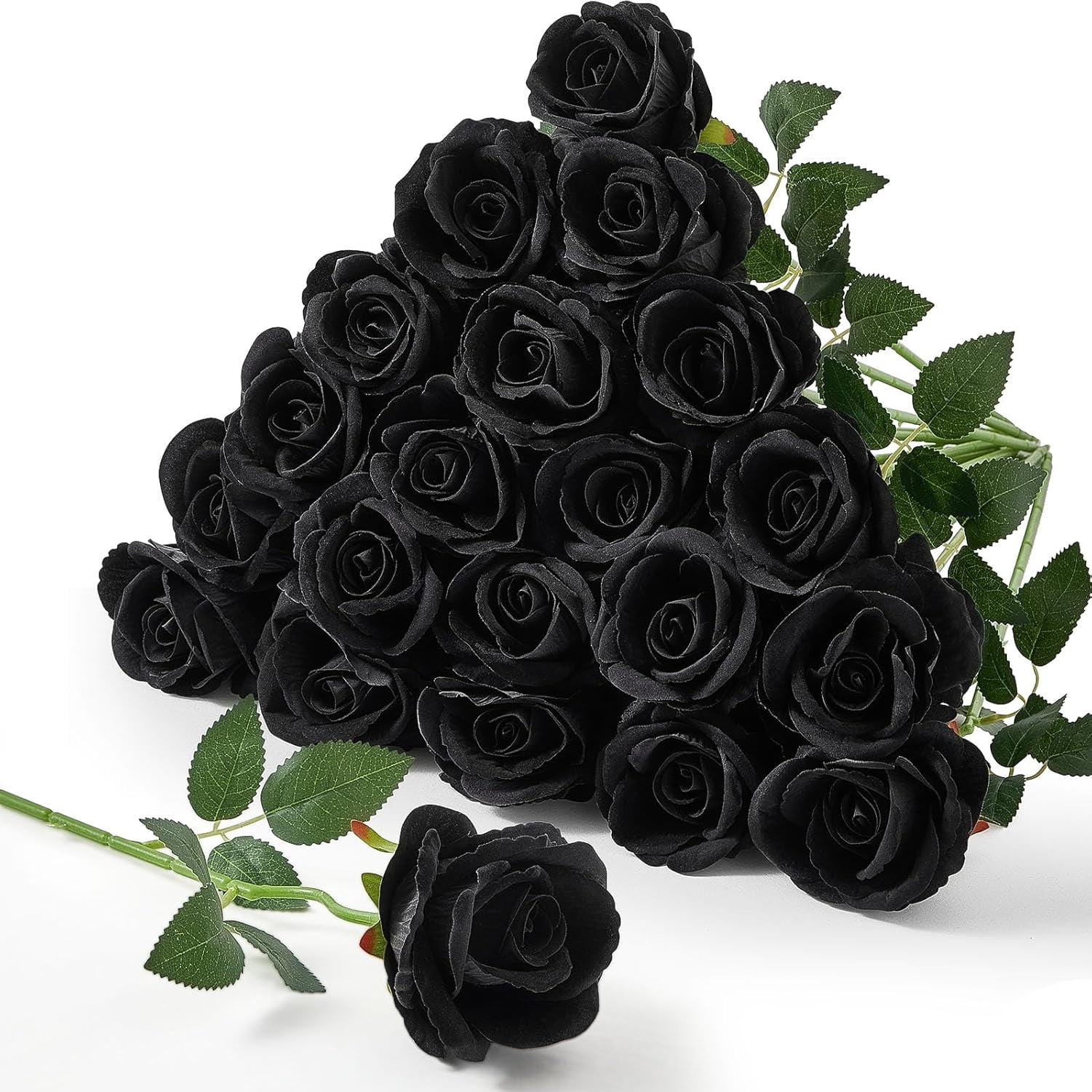 20 Pcs Artificial Black Roses, 4'' Big Flower Head, Velvet Real Touch ...