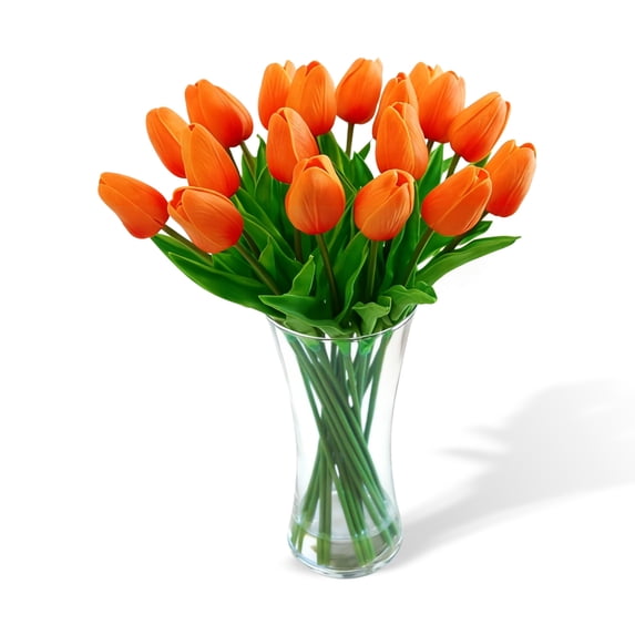 20 Pcs Artificial Real Touch Tulips Flowers in Glass Vase, Orange Tulip ...