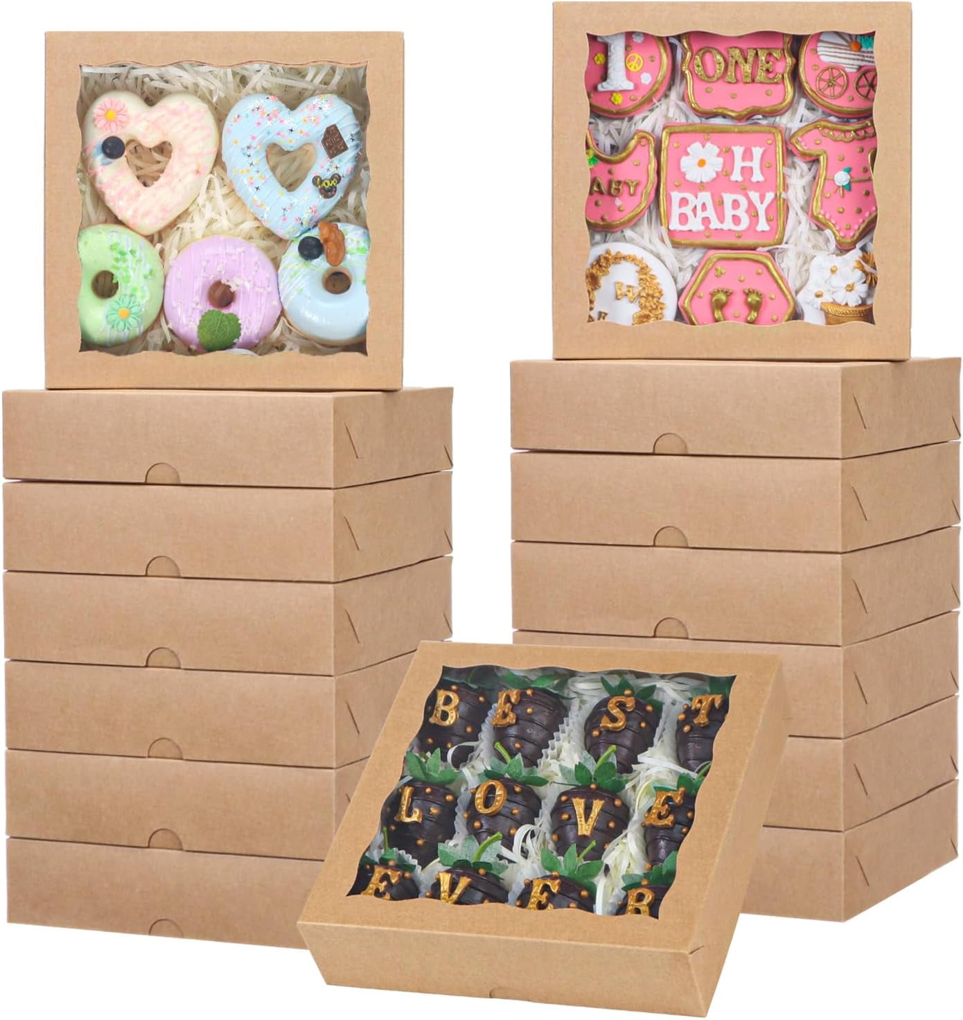 20 Pcs Bakery Boxes, 8x8x2.5 Cookie Boxes with Window, Brown Treat ...