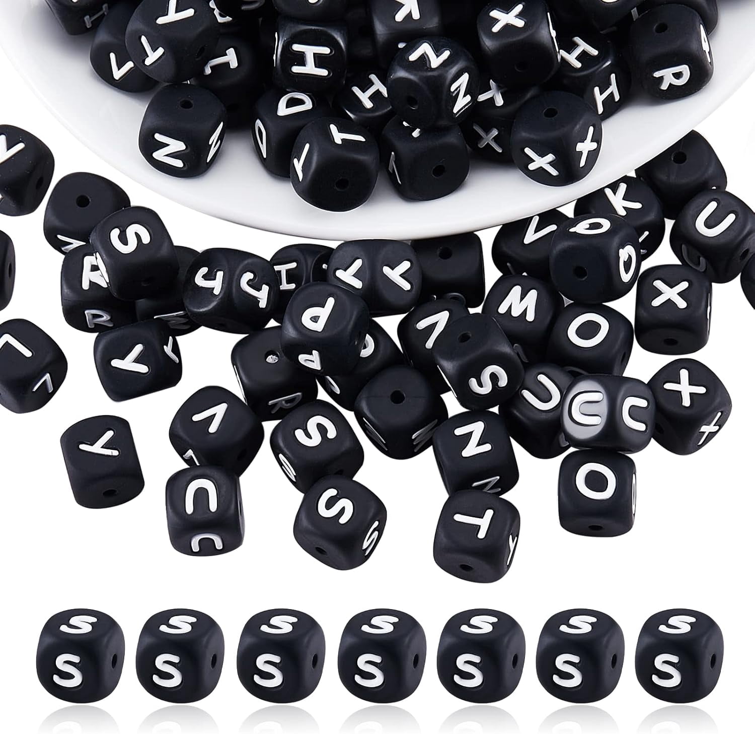 20 Pcs Black Cube Letter S Silicone Beads 12x12x12mm Square Dice ...