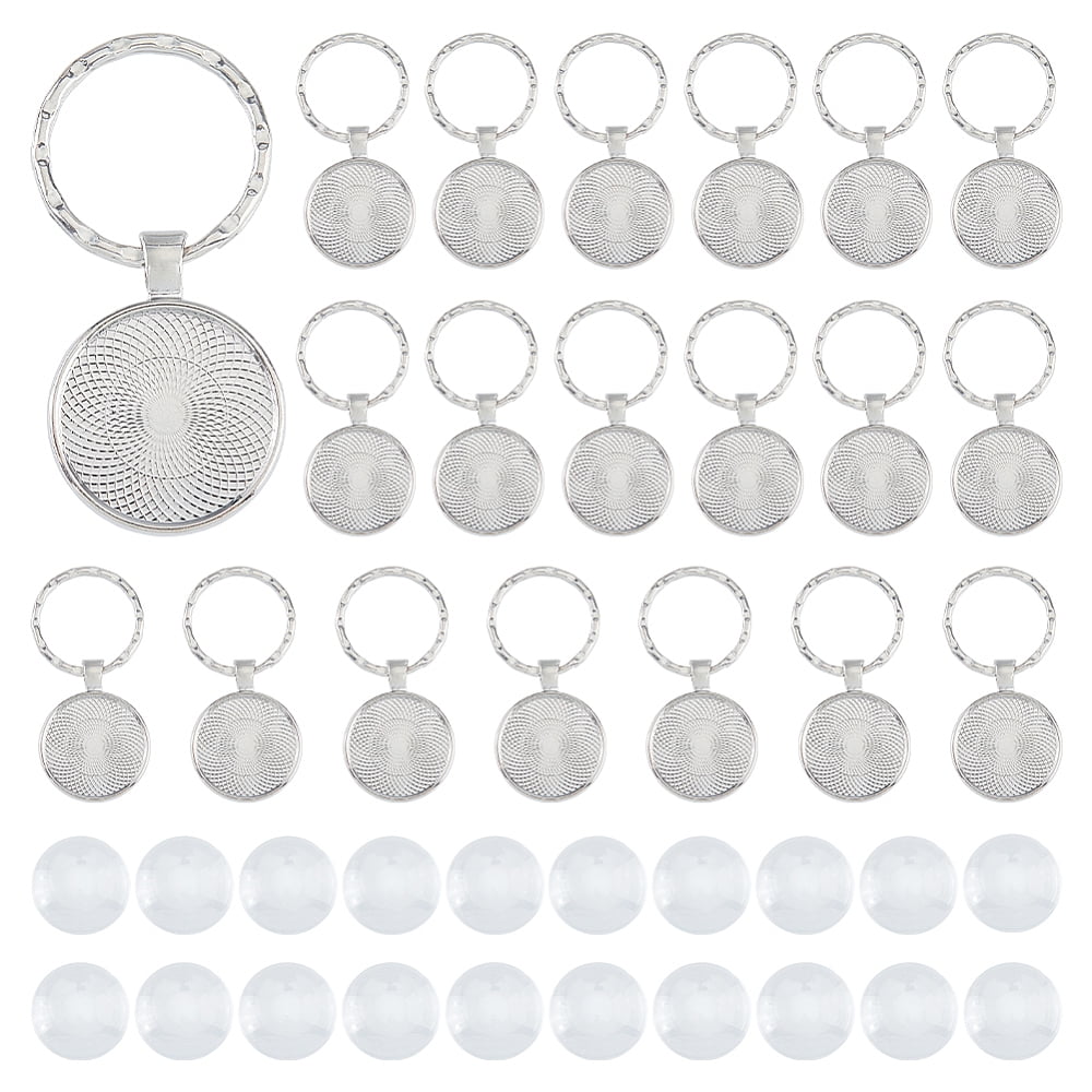 20 Pcs Cabochon Keychain Kit Platinum Round Pendant Blank Alloy Tray ...