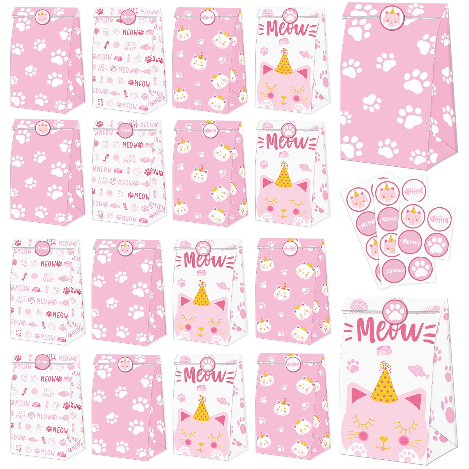 20 Pcs Cat Gift Bags, Kitten MEOW Treats Bags, Paw Print Goodie Bags ...