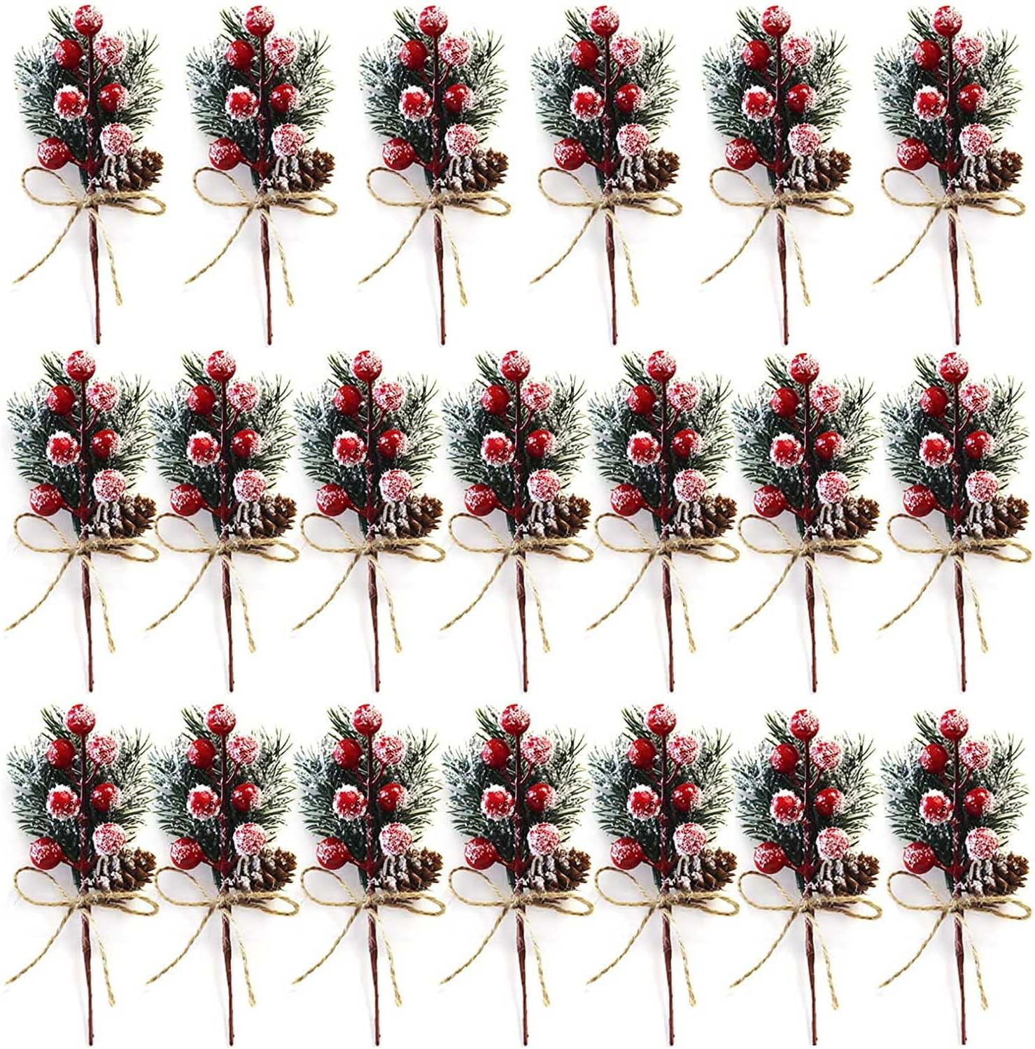 20 Pcs Christmas Floral Picks, 7.8 inch Snowy Holly Christmas Red Berry ...