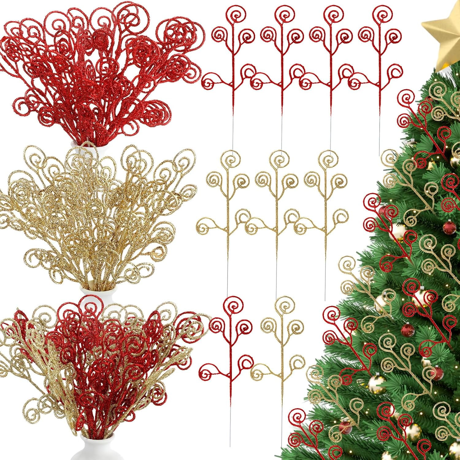 20 Pcs Christmas Tree Picks Decoration, Xmas Sequins Candy Shape Curly ...