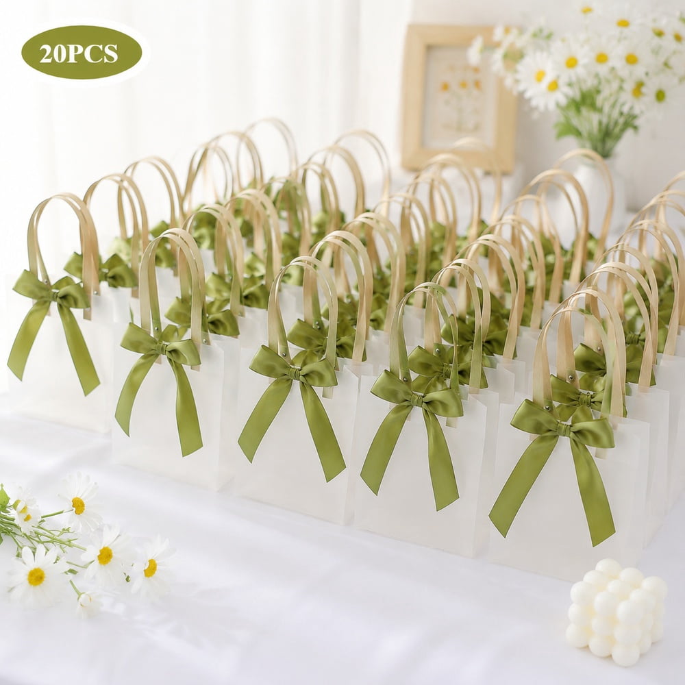 20 Pcs Clear Gift Bags with Green Ribbon Bows, Elegant PVC Party Bags ...