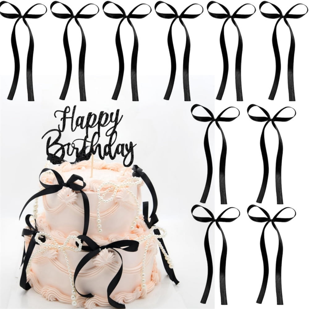 20 Pcs Cute Bows Cake Toppers,Black Satin Bows Birthday Cake Toppers ...