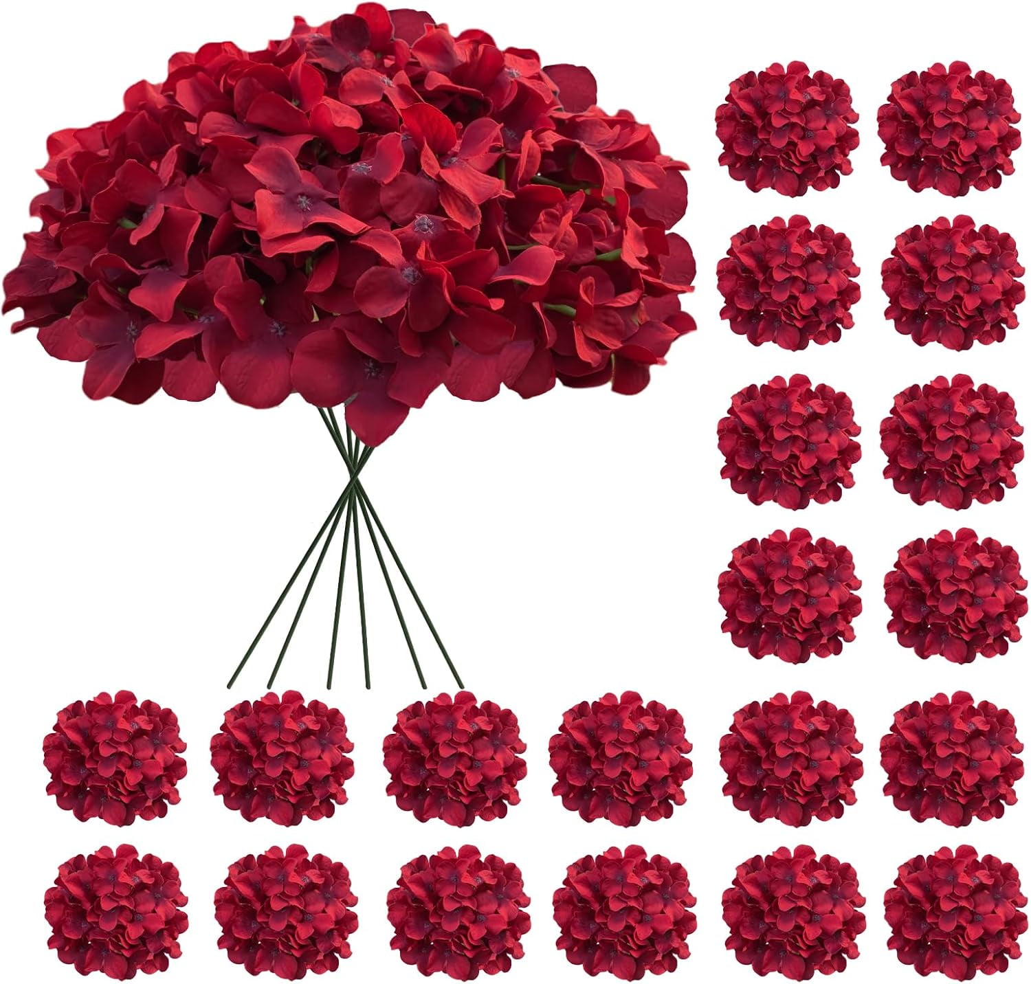 20 Pcs Dark Red Hydrangea Artificial Flowers Bulk, Faux Hydrangea ...
