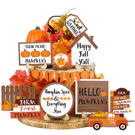 20 Pcs Fall Tiered Tray Decor Thanksgiving Pumpkin Gnome Truck Wooden ...