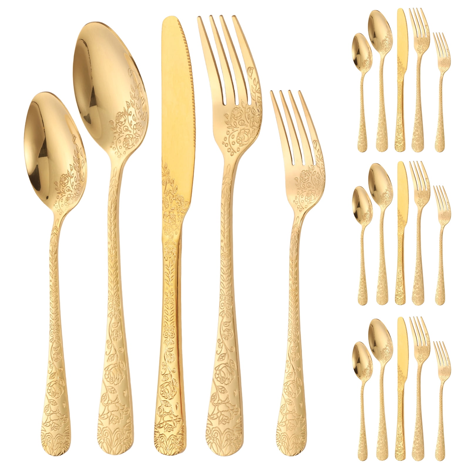 20 Pcs Floral Silverware Set Including Fork Spoon and Knife Stainless ...