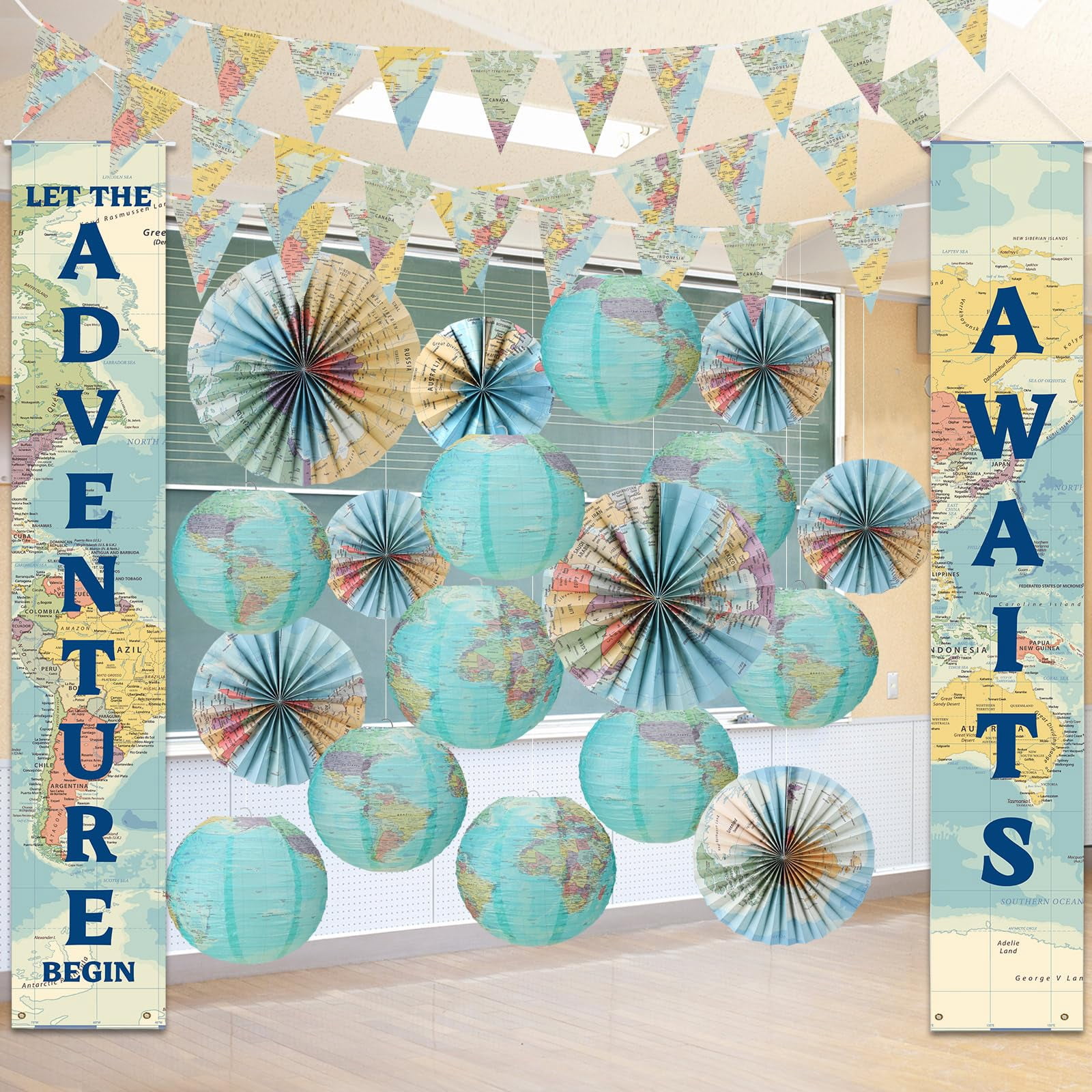 20 Pcs Globe Map Classroom Decorations Travel Party Hanging Paper ...