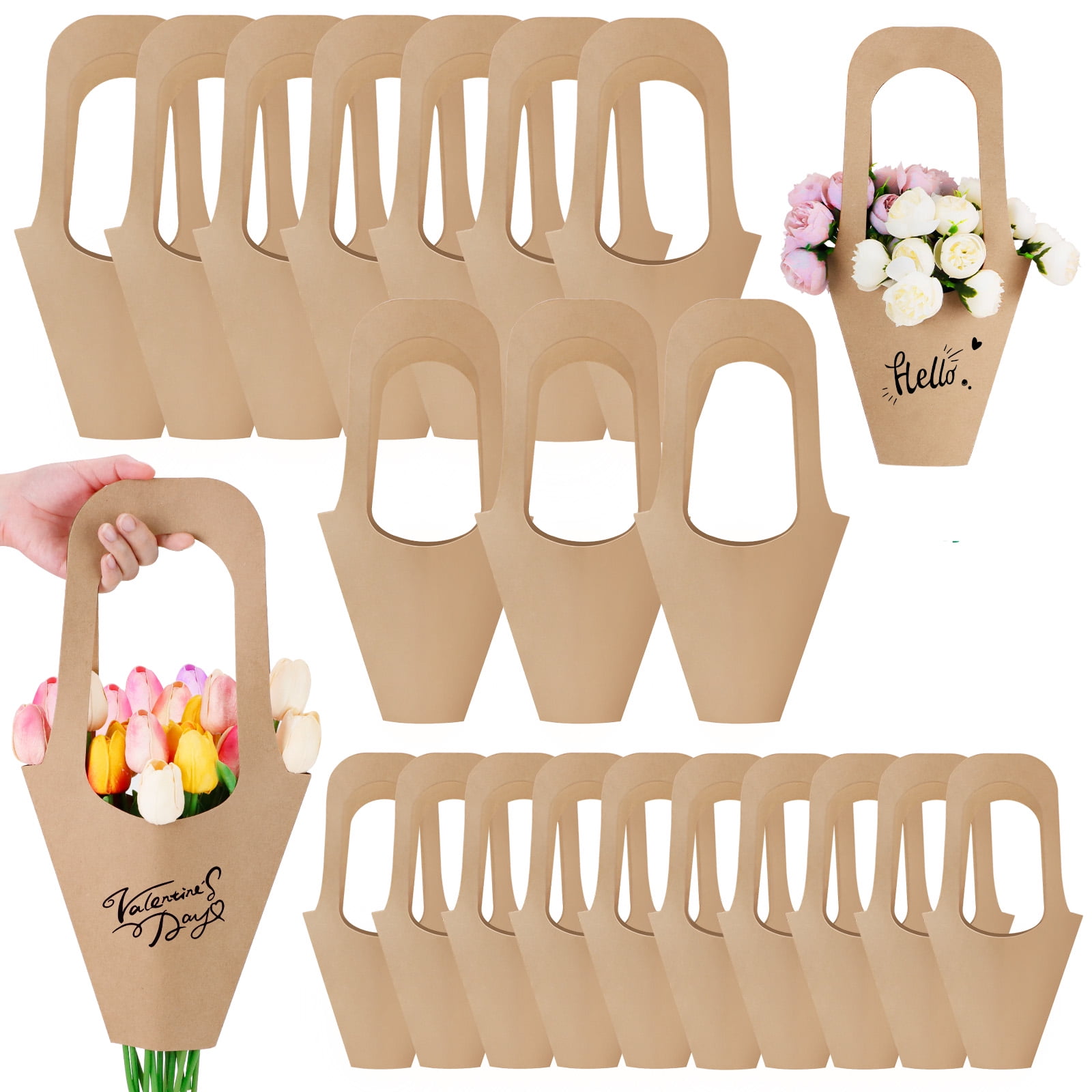20 Pcs Kraft Paper Flower Gift Bags, Brown Bouquet Bags with Handle ...