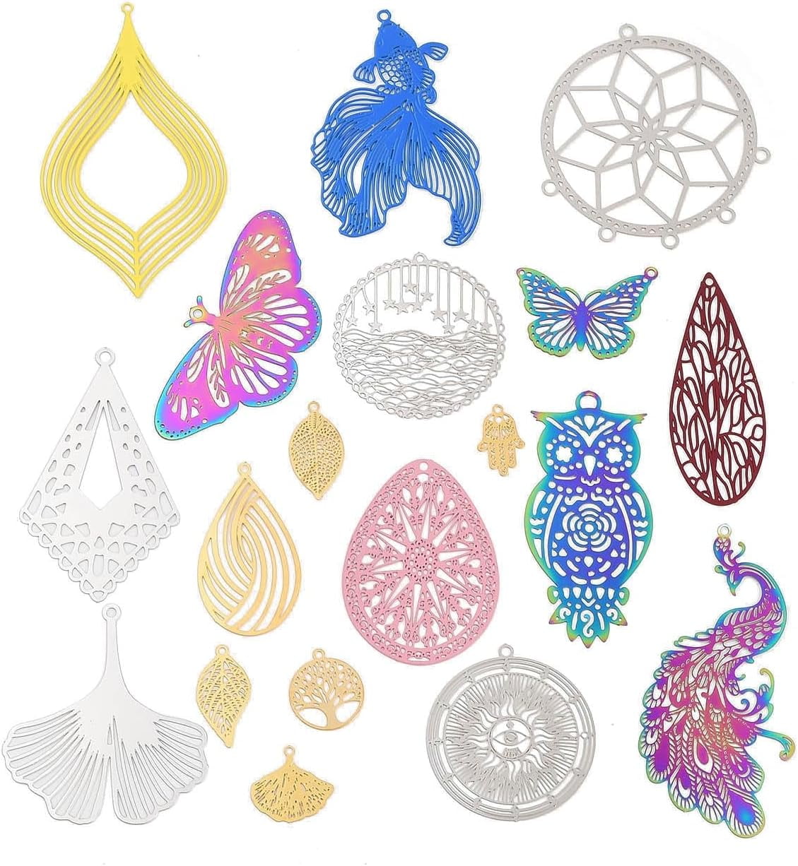 20 Pcs Mixed Shapes Pendant Charms Stainless Steel Etched Metal ...